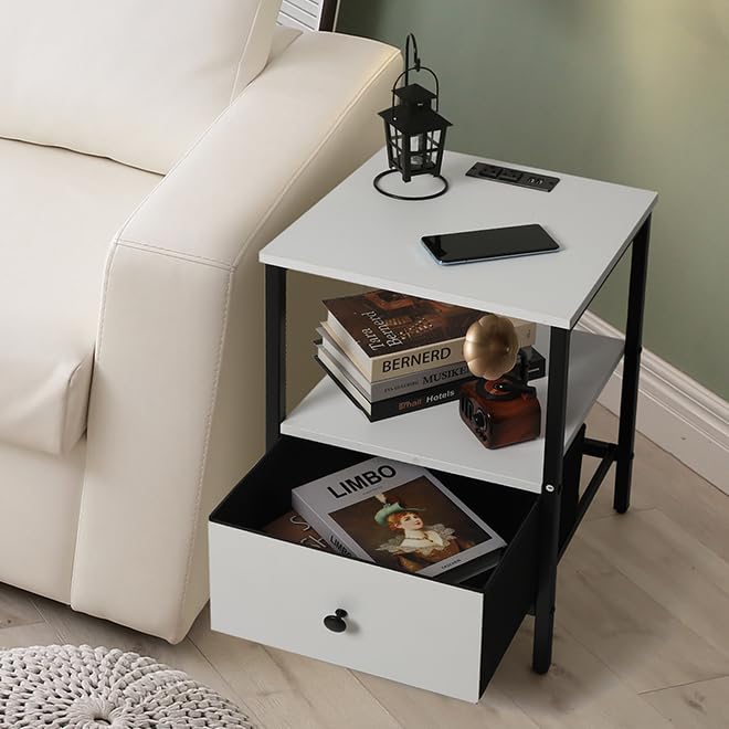 GORZING Nightstand with Charging Station, Small End Table, Narrow Side Table with Drawer, Rustic Bedside Tables for Bedroom, Living Room, White