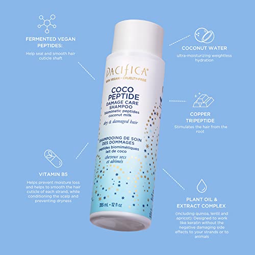 Pacifica Coco Peptide Damage Care Shampoo & Conditioner Set β Repairing Hair Care for Dry Damaged Hair Vegan Collagen & Peptides for Split Ends & Breakage Sulfate Free Clean Vegan Dermatologist Tested