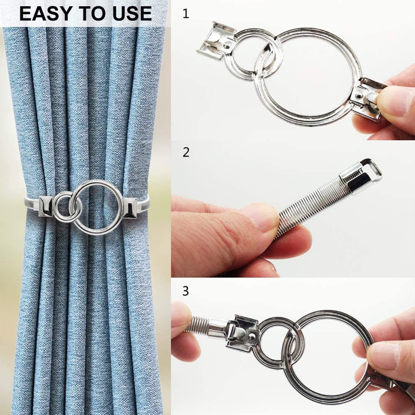 Magnetic Curtain Tiebacks, 1pc Twisted Knot Drape Holdbacks Strong Magnetic Tie Band for Home and Office, Strong Magnetic Curtain Buckles for Decoration (Silver)