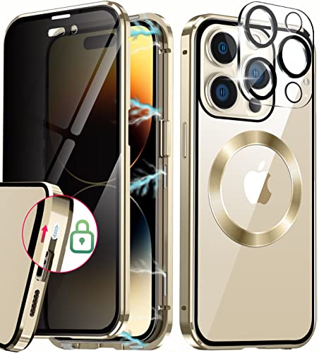 [CD Loop+Safety Lock] Magnetic Case for iPhone 13 Pro Max,[Privacy Screen with Camera Protector][Electroplating Metal Bumper] Double Sided 9H Glass Compatible with MagSafe Case for iPhone 13 Pro Max