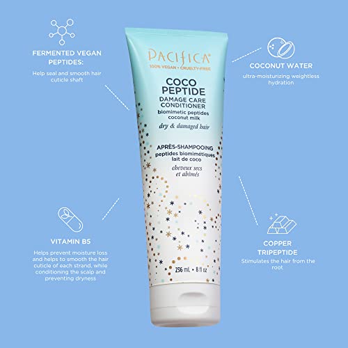 Pacifica Coco Peptide Damage Care Shampoo & Conditioner Set β Repairing Hair Care for Dry Damaged Hair Vegan Collagen & Peptides for Split Ends & Breakage Sulfate Free Clean Vegan Dermatologist Tested