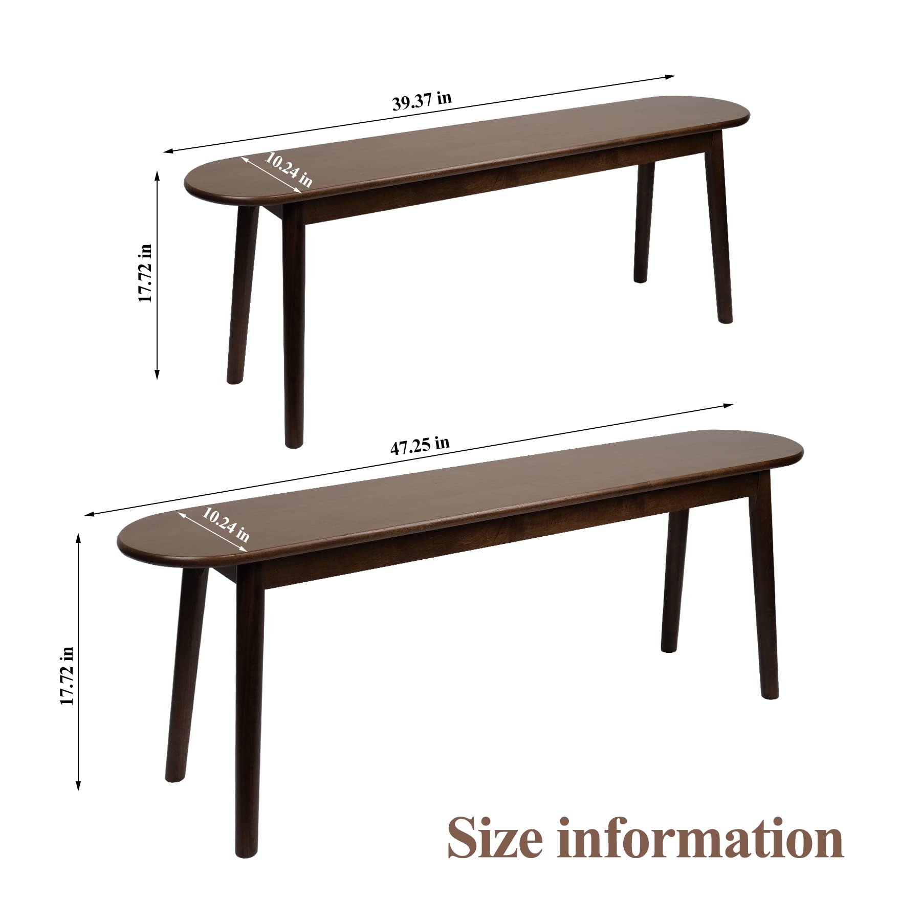 Cttasty Entryway Bench, Solid Wood Dining Bench, Midcentury End of Bed Bench w/Rounded Corner, Outdoor Bench w/Robust Construction, Bedroom Bench, 10.24" W x 17.72" H(Walnut 39.4inches)