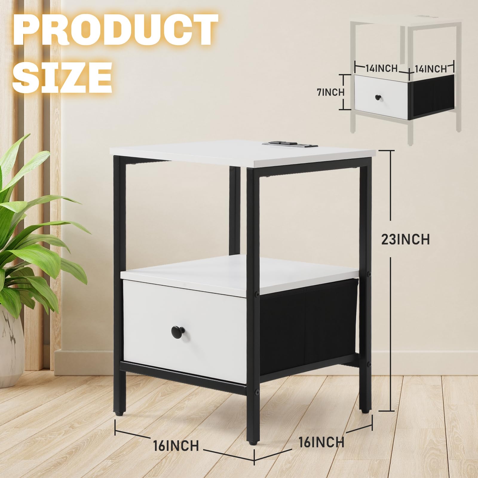 GORZING Nightstand with Charging Station, Small End Table, Narrow Side Table with Drawer, Rustic Bedside Tables for Bedroom, Living Room, White