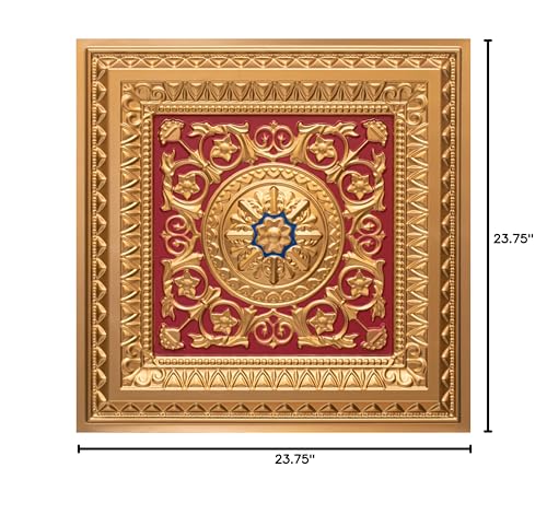 Decorative PVC Faux Tin Ceiling Tiles (Glue Up/Drop in), 24"x24",2'x2', Pack of 6, 24 sq.ft. - D223 (Gold-Red-Blue)