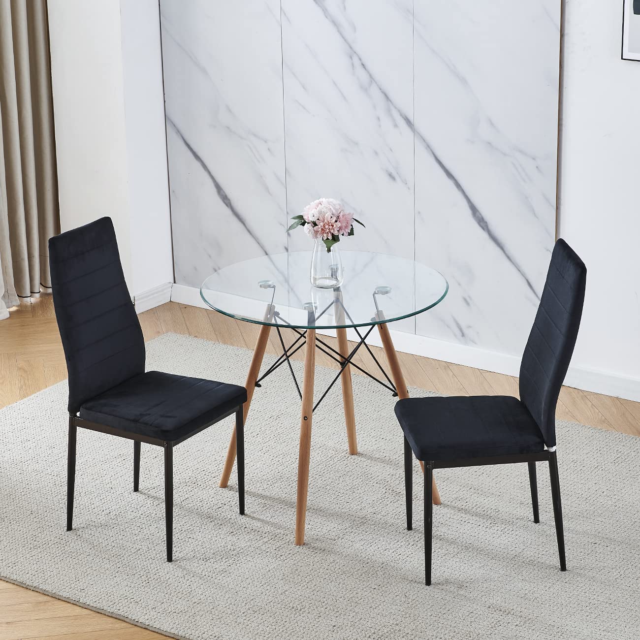 NIBLU Round Glass Dining Table Set for 2,Person Small Round Dinner Table and Velvet Chairs Set for Kitchen Room, 32 inch Leisure Coffee Table for Living Room Accent Table