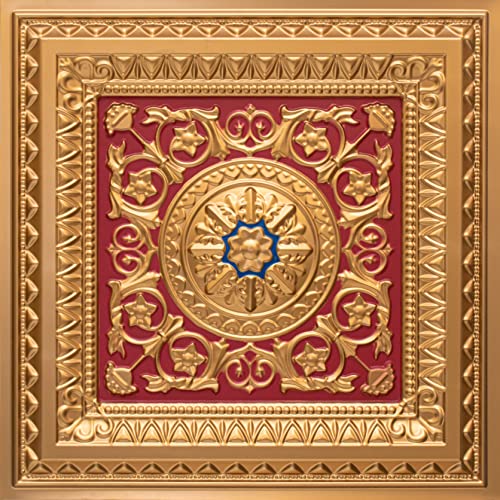 Decorative PVC Faux Tin Ceiling Tiles (Glue Up/Drop in), 24"x24",2'x2', Pack of 6, 24 sq.ft. - D223 (Gold-Red-Blue)