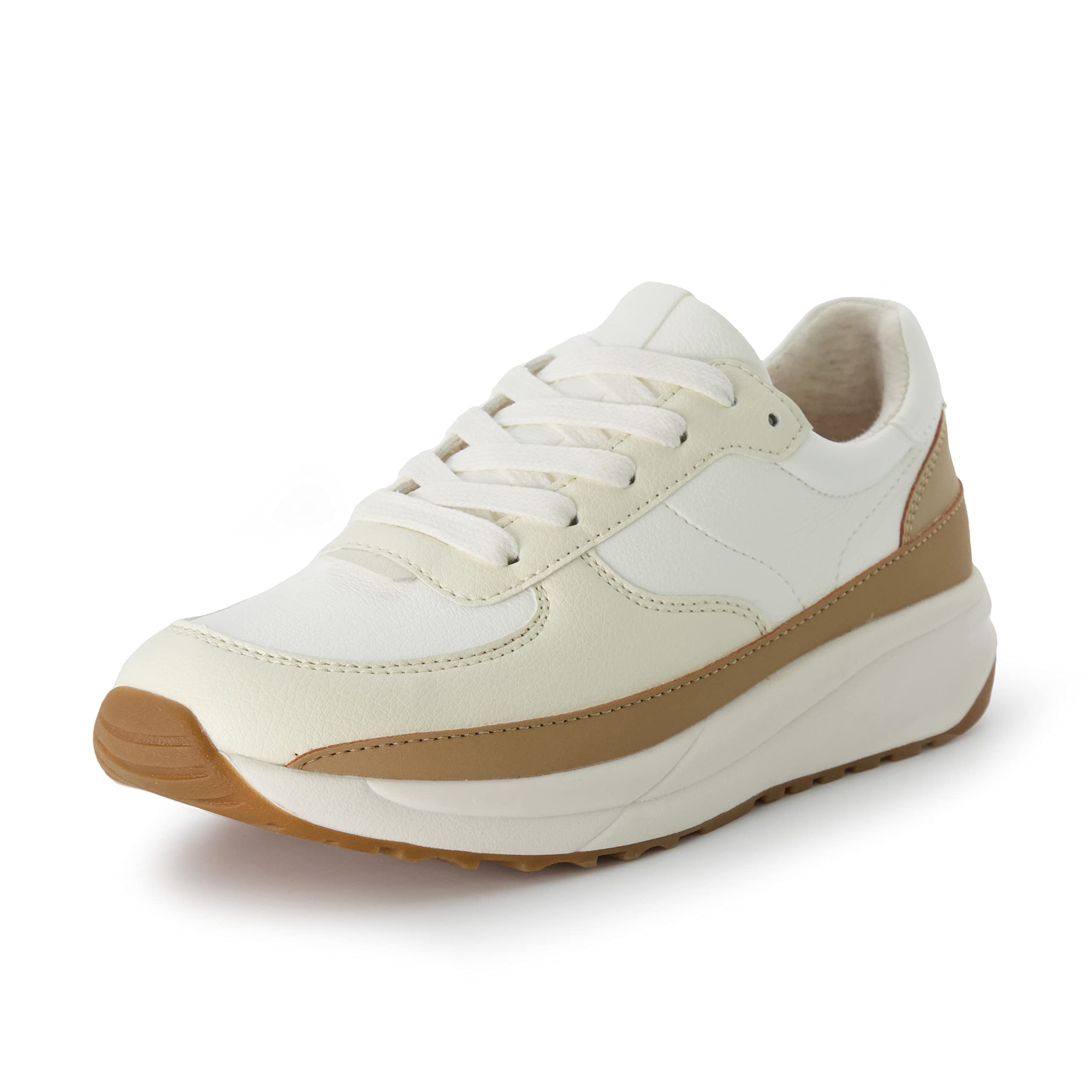 CUSHIONAIRE Score Comfort Platform Womens Sneakers, Lightweight Lace Up Tennis Shoes Womens Fashion Wear, White/TAN 6.5