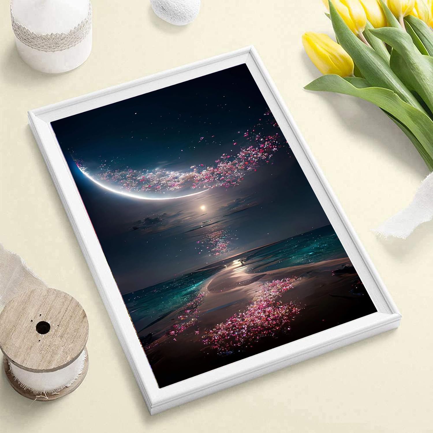 Clendo Moon Diamond Painting Kits for Adults,Moon with Flowers Diamond Art Kits Full Drill Crystal Rhinestone Diamond Embroidery Craft Kits for Home Wall Decor Inch12X16