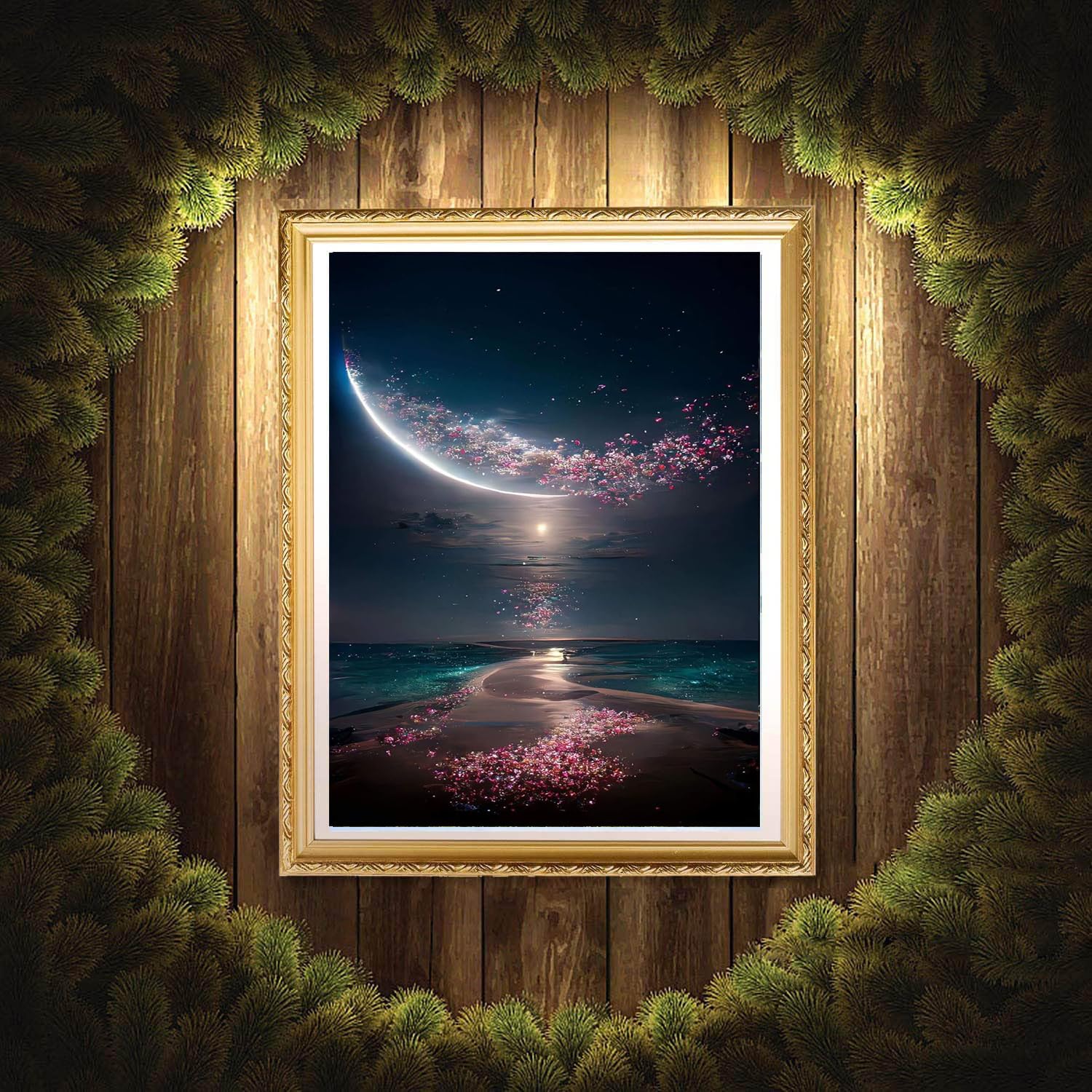 Clendo Moon Diamond Painting Kits for Adults,Moon with Flowers Diamond Art Kits Full Drill Crystal Rhinestone Diamond Embroidery Craft Kits for Home Wall Decor Inch12X16