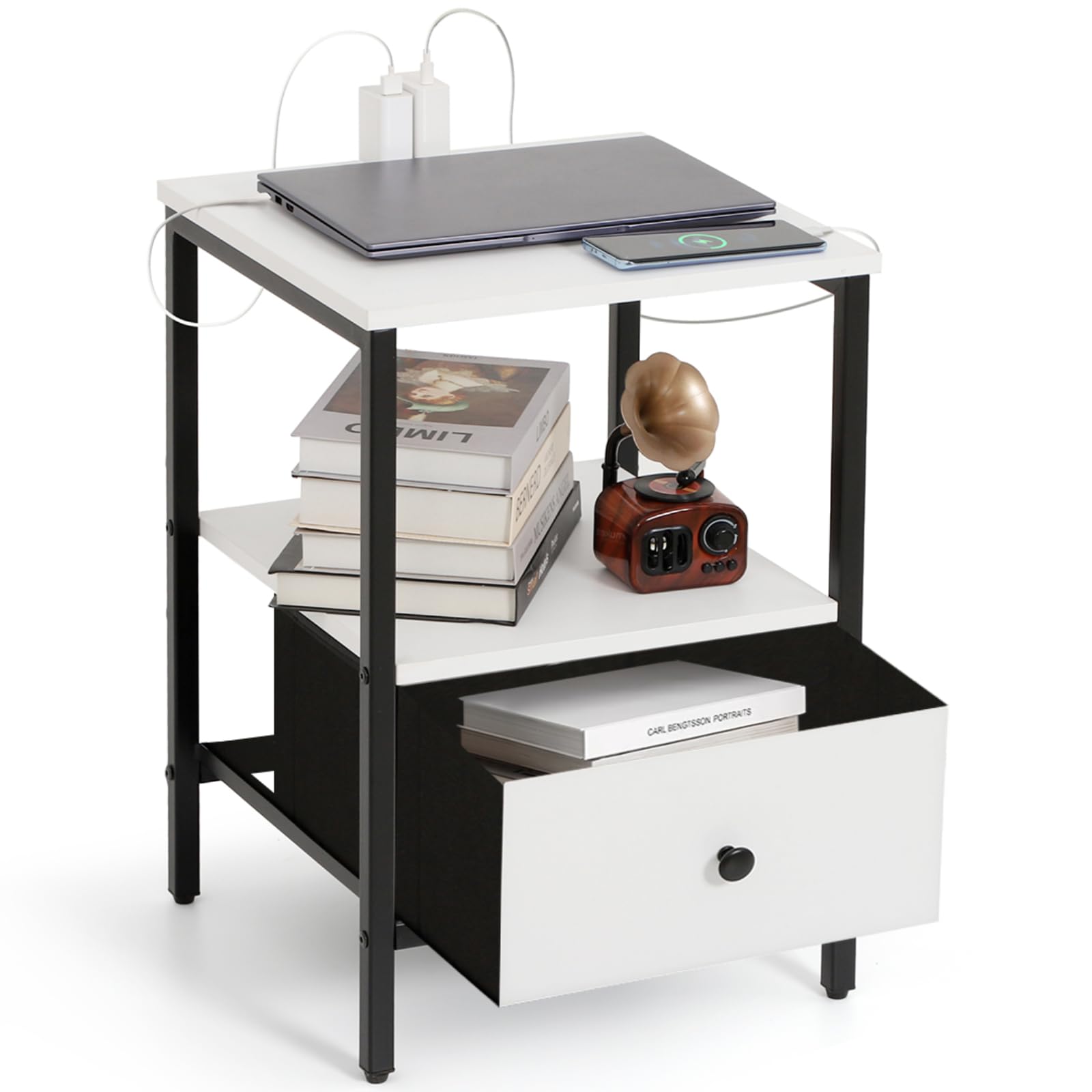 GORZING Nightstand with Charging Station, Small End Table, Narrow Side Table with Drawer, Rustic Bedside Tables for Bedroom, Living Room, White