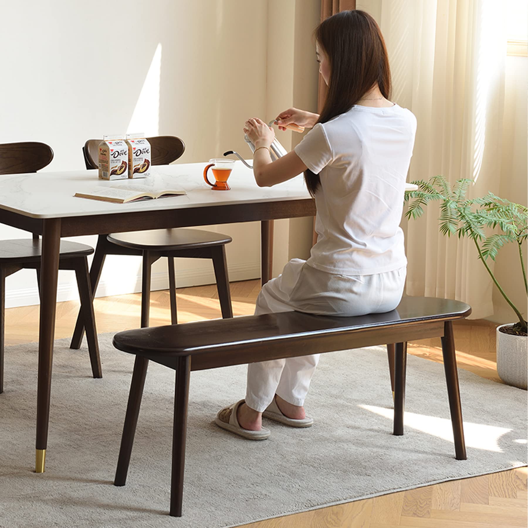 Cttasty Entryway Bench, Solid Wood Dining Bench, Midcentury End of Bed Bench w/Rounded Corner, Outdoor Bench w/Robust Construction, Bedroom Bench, 10.24" W x 17.72" H(Walnut 39.4inches)