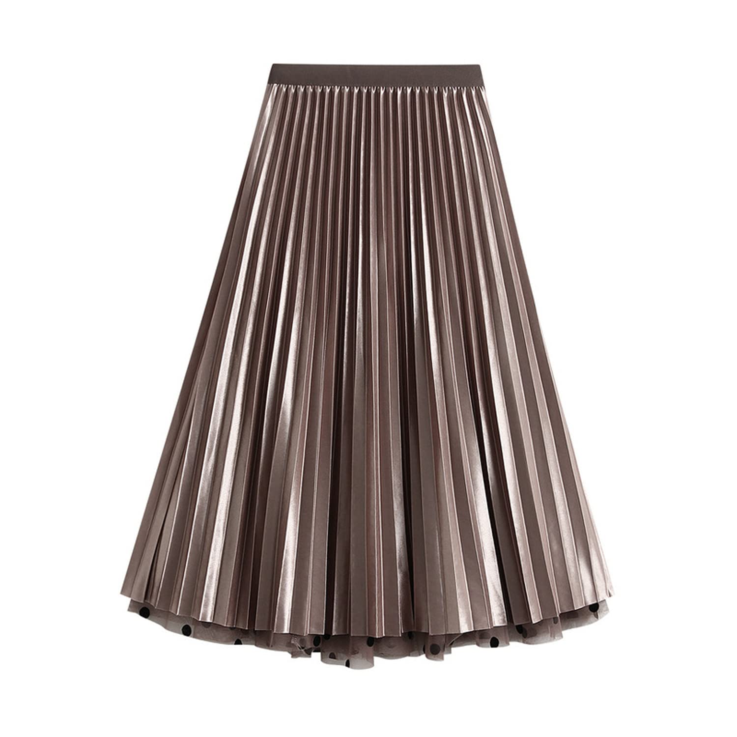 Qoinied Women's Polka Dot Mesh Half-Body Skirt High-Waisted Draped Pleated Skirt Large Hem Tulle A-line Midi Skirts Khaki