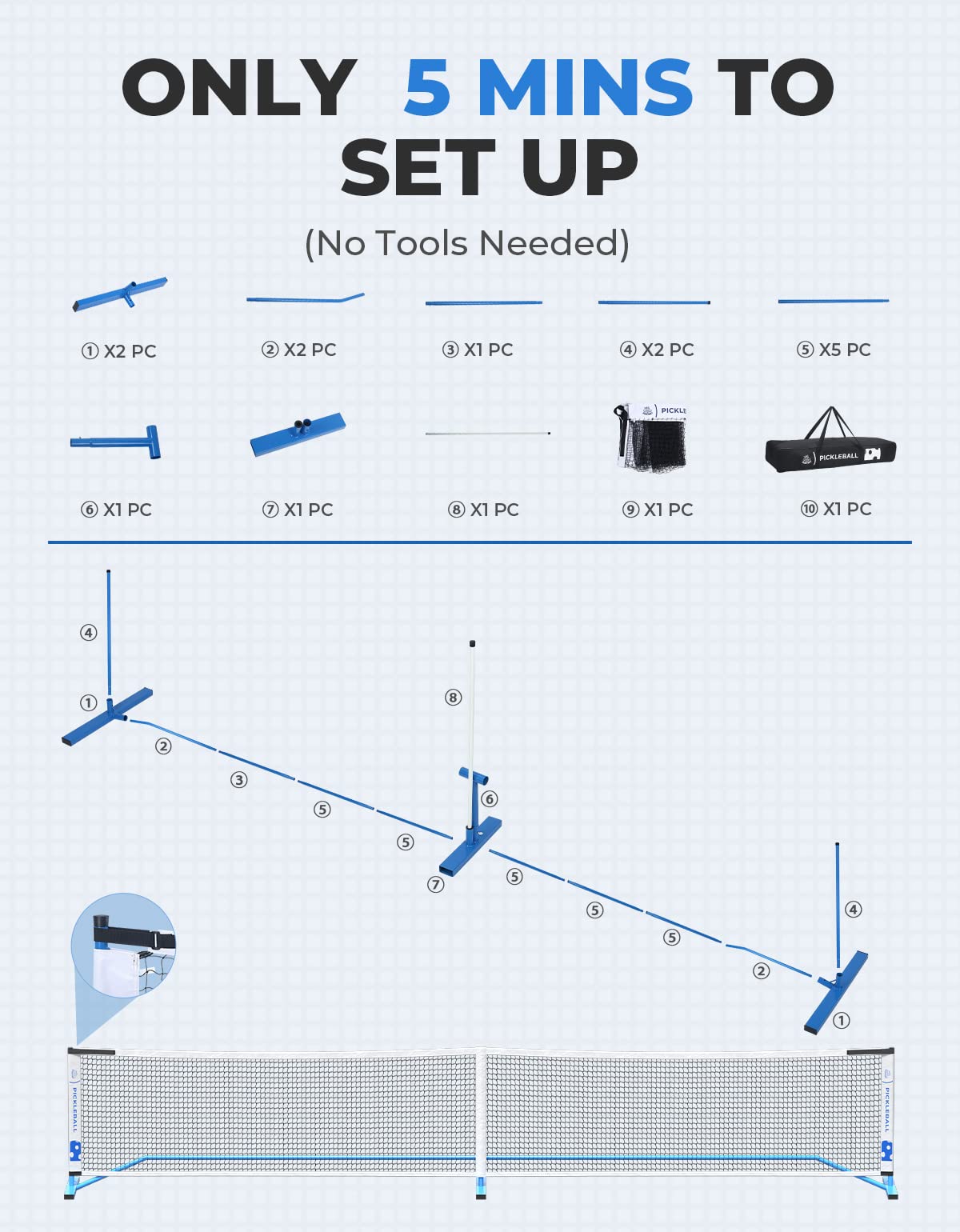 DEERFAMY 22FT Portable Tennis Pickleball Net System, Regulation Size PE Net for Driveway, Designed for All Weather Conditions with Steady Metal Frame and Strong with Carrying Bag