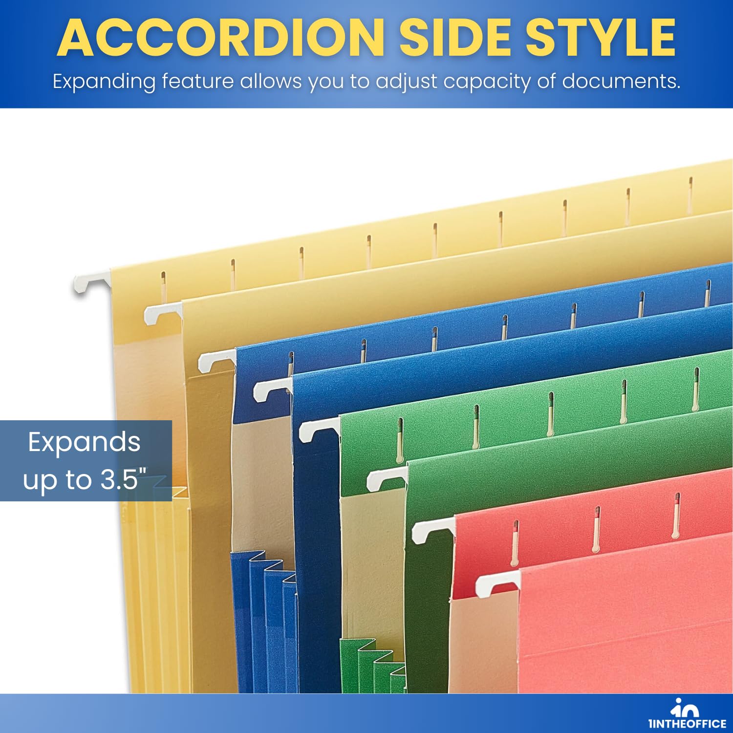 1InTheOffice Hanging File Folders Letter Size, Expanding Hanging File Folders, File Cabinet Dividers, 3.5" Expansion, Assorted, 8 Pack
