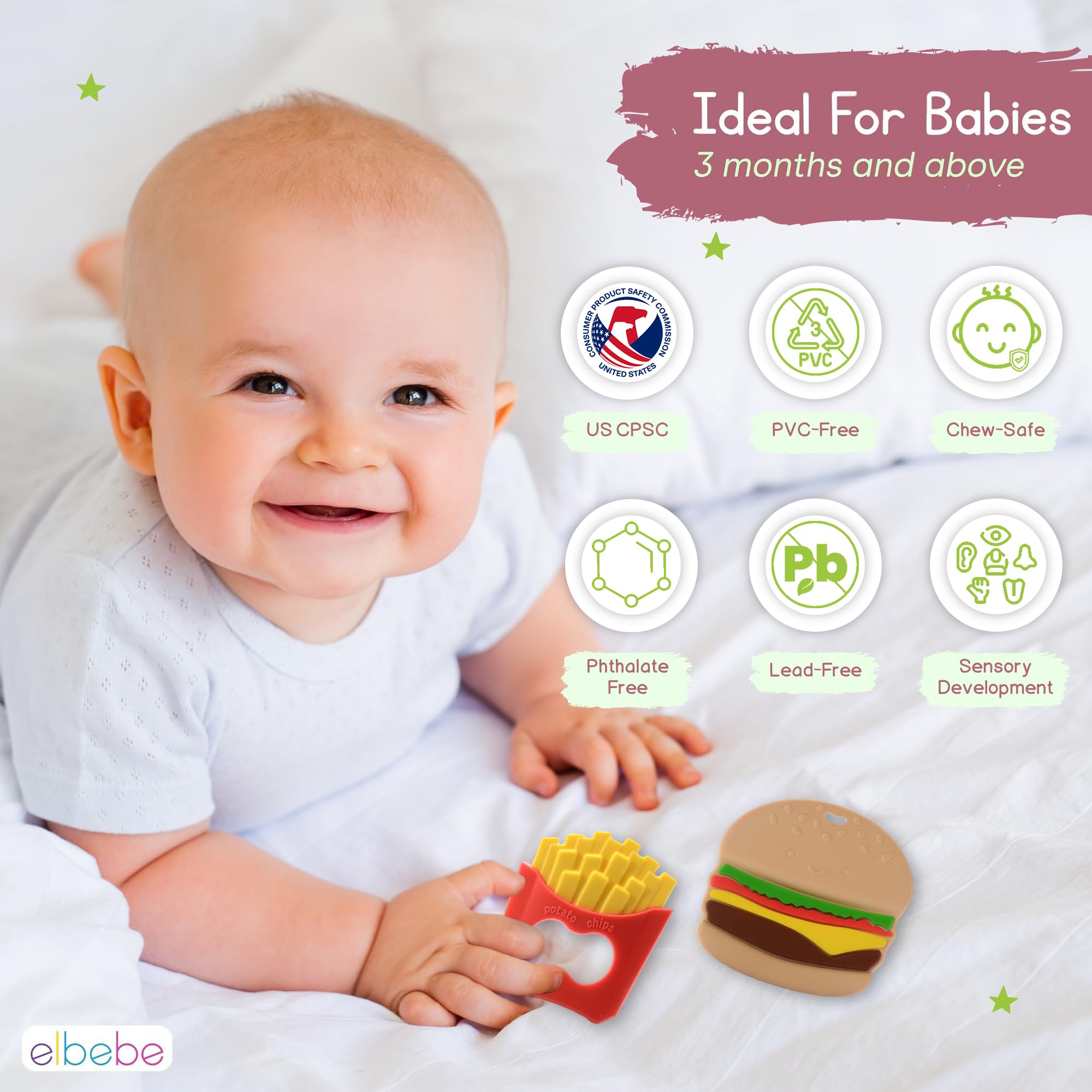 Elbebe Silicone Teething Toys - Baby Teething Toys - Baby Teether - Silicone Teethers for Babies - Baby Chew Toys - Silicone Baby Teether - Infant Teething Toys - Hamburger & Fries - Set of 2
