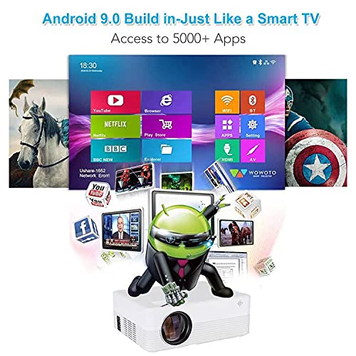Famishow Smart Projector Android TV 9.0 Built in- WiFi Mini Projector with Bluetooth, 8500 Lumens 4K and 250β Display Supported Portable Video Projector for Home Cinema & Outdoor Movie Theater
