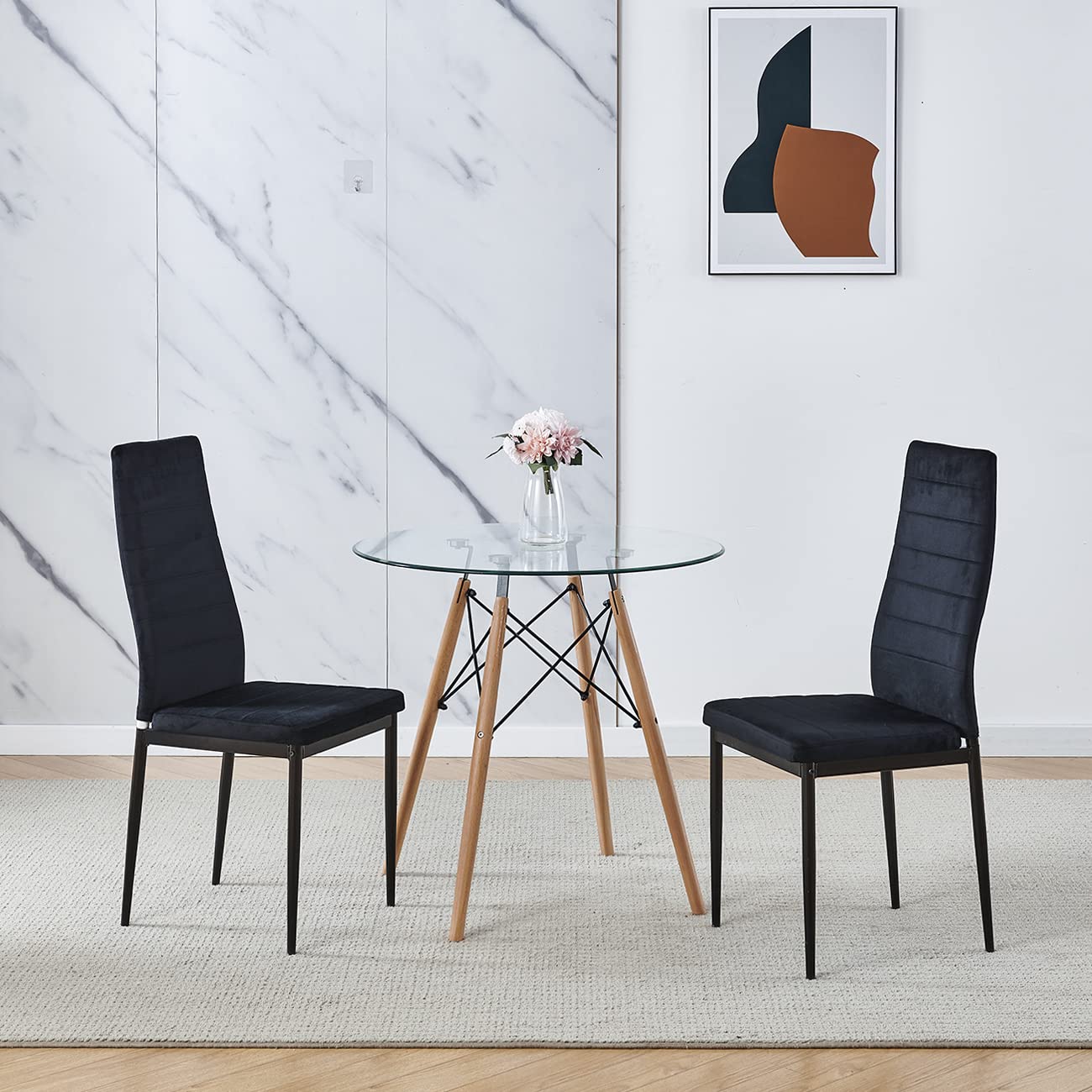 NIBLU Round Glass Dining Table Set for 2,Person Small Round Dinner Table and Velvet Chairs Set for Kitchen Room, 32 inch Leisure Coffee Table for Living Room Accent Table