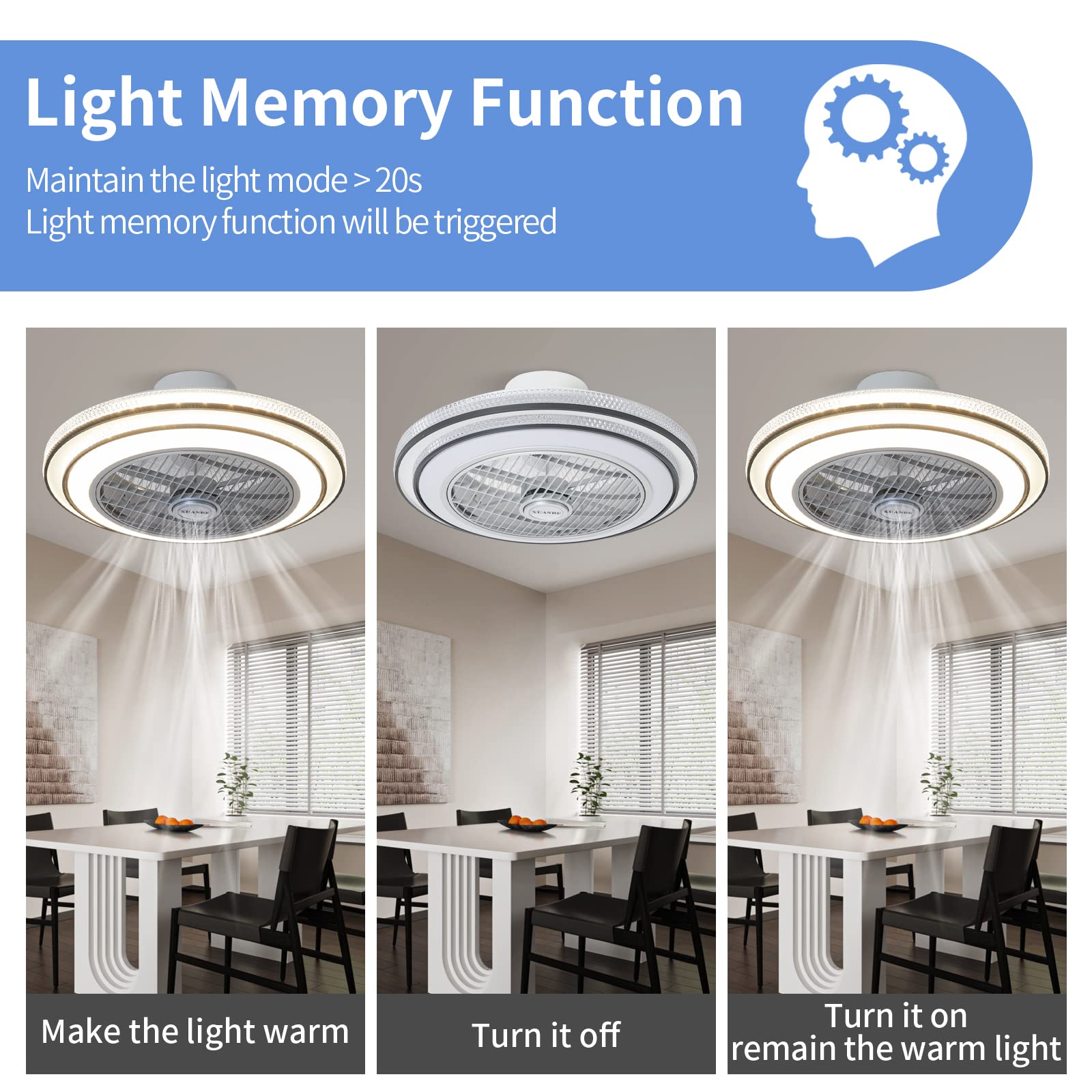 XuanDe Ceiling Fans with Lights and Remote Quiet, 20" Enclosed Ceiling Fans Modern Low Profile DC Motor 6 Gear Wind Speeds 3 Colors of Lights-Silver