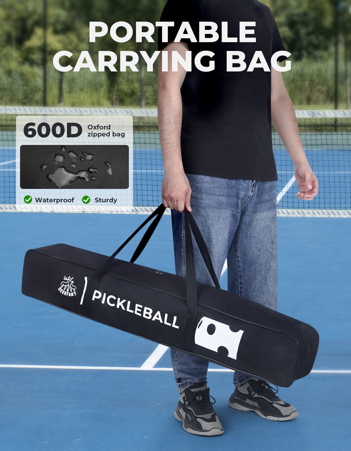 DEERFAMY 22FT Portable Tennis Pickleball Net System, Regulation Size PE Net for Driveway, Designed for All Weather Conditions with Steady Metal Frame and Strong with Carrying Bag