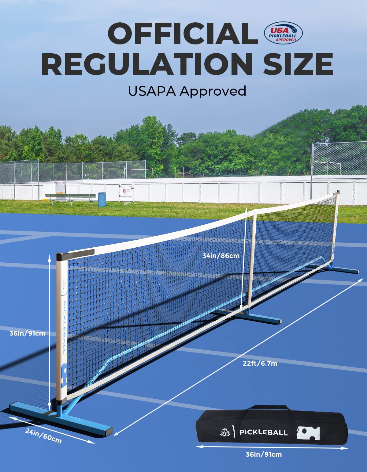DEERFAMY 22FT Portable Tennis Pickleball Net System, Regulation Size PE Net for Driveway, Designed for All Weather Conditions with Steady Metal Frame and Strong with Carrying Bag