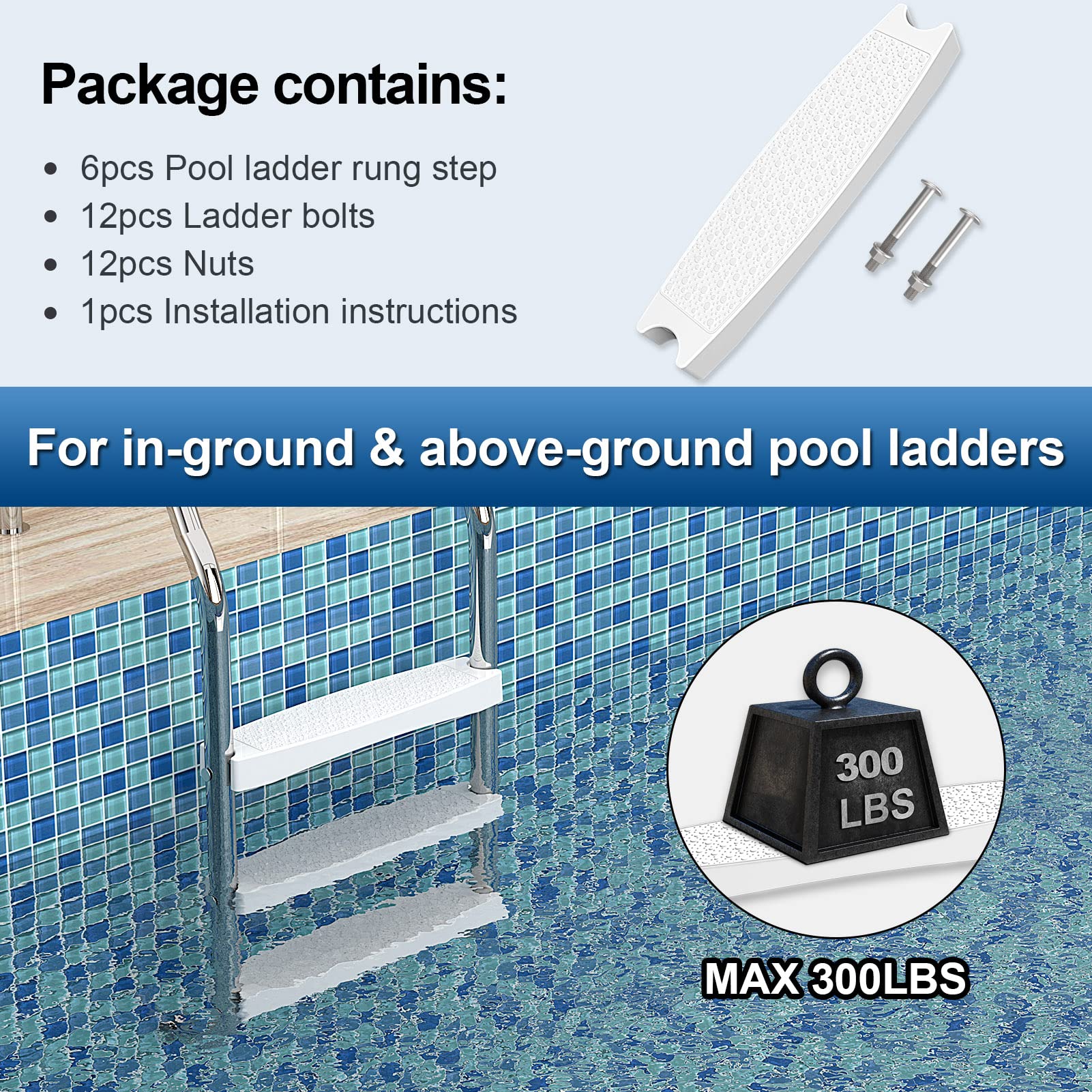 Goovilla Pool Ladder Steps Replacement, (6-Pack) 18" Universal Heavy-Duty Molded Plastic Swimming Pool Ladder Rung Step with 12 PCS Stainless Steel Bolts for Inground and above Ground Pools, White