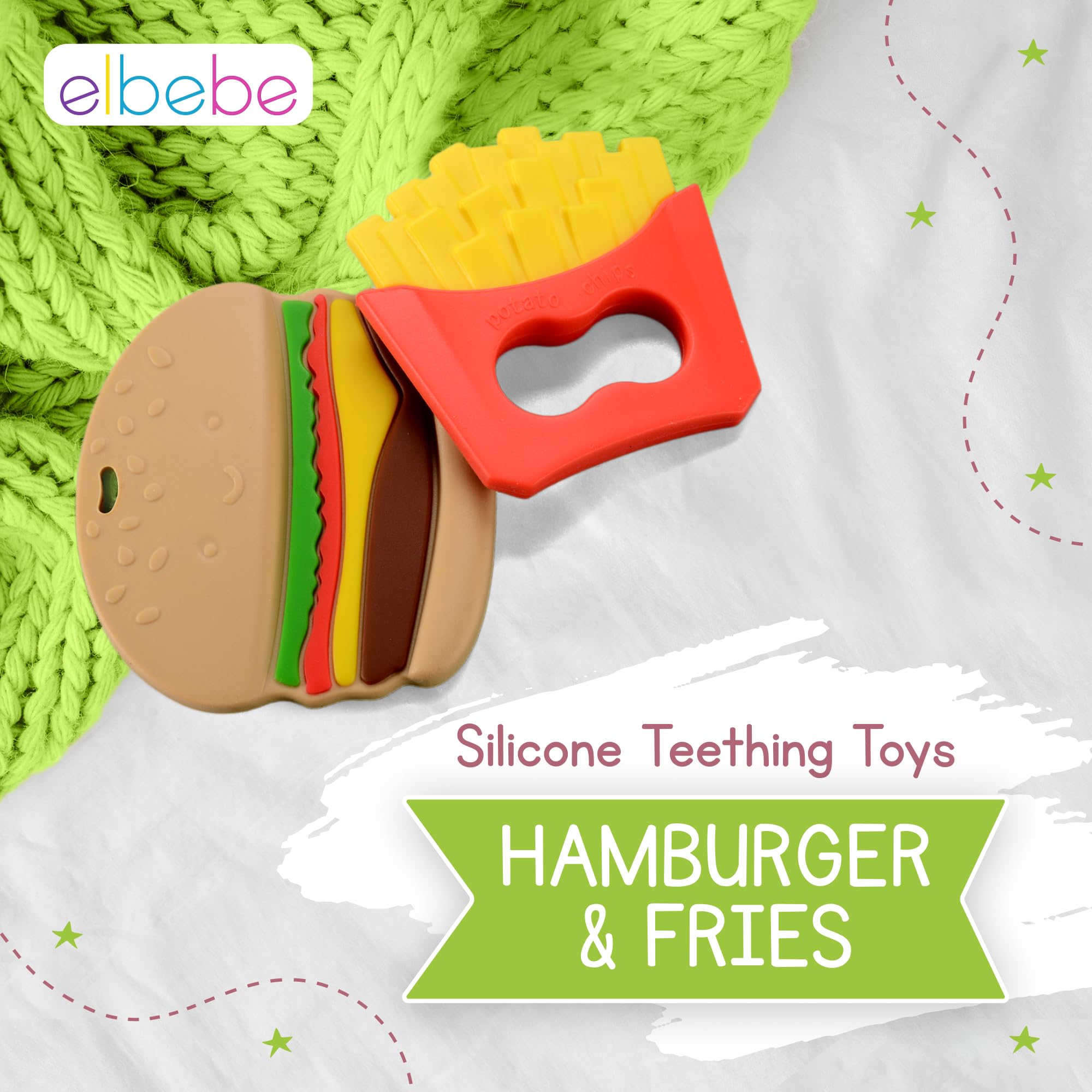 Elbebe Silicone Teething Toys - Baby Teething Toys - Baby Teether - Silicone Teethers for Babies - Baby Chew Toys - Silicone Baby Teether - Infant Teething Toys - Hamburger & Fries - Set of 2