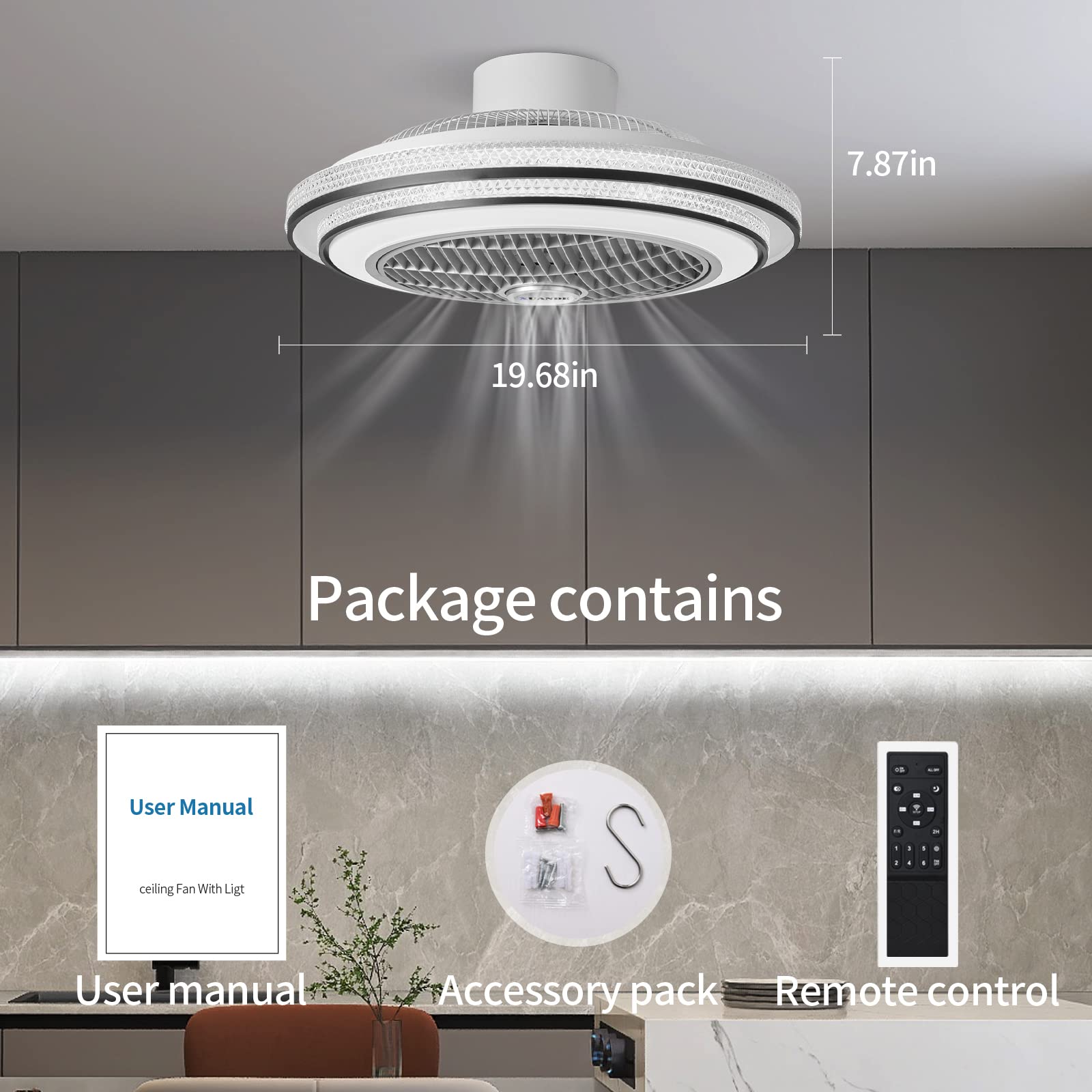 XuanDe Ceiling Fans with Lights and Remote Quiet, 20" Enclosed Ceiling Fans Modern Low Profile DC Motor 6 Gear Wind Speeds 3 Colors of Lights-Silver