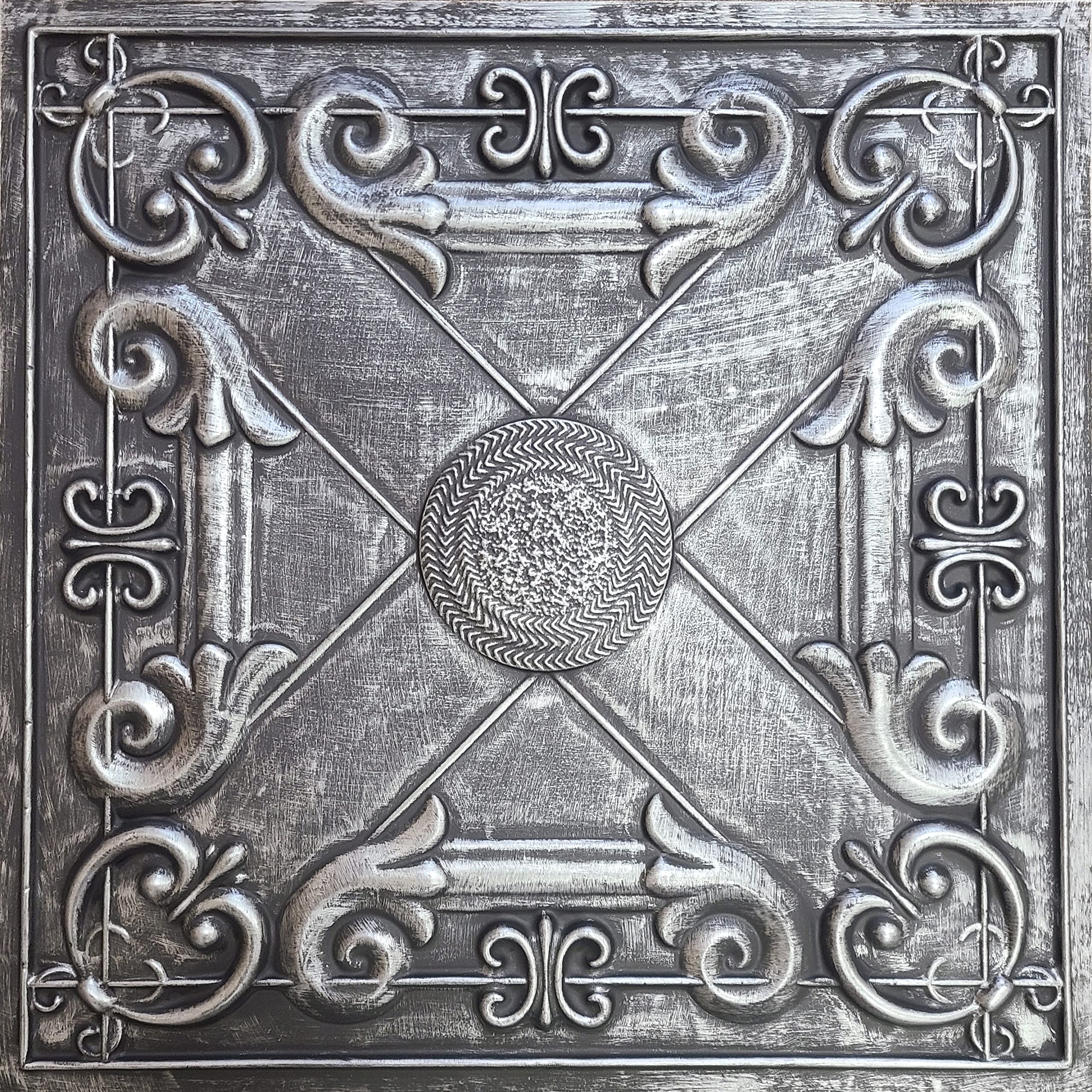 TD22 Faux Tin Ceiling Tile in Vintage Tin. Box of 10 2'X2' decorative tiles, covers 40 sq.ft. Easy to install PVC panels. Gorgeous antique look ceiling. Great for Glue up/Drop in installation.
