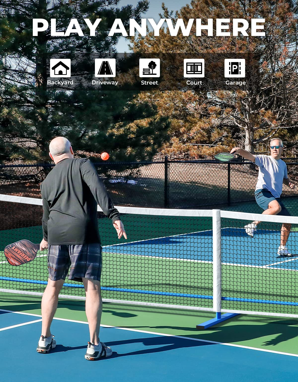 DEERFAMY 22FT Portable Tennis Pickleball Net System, Regulation Size PE Net for Driveway, Designed for All Weather Conditions with Steady Metal Frame and Strong with Carrying Bag