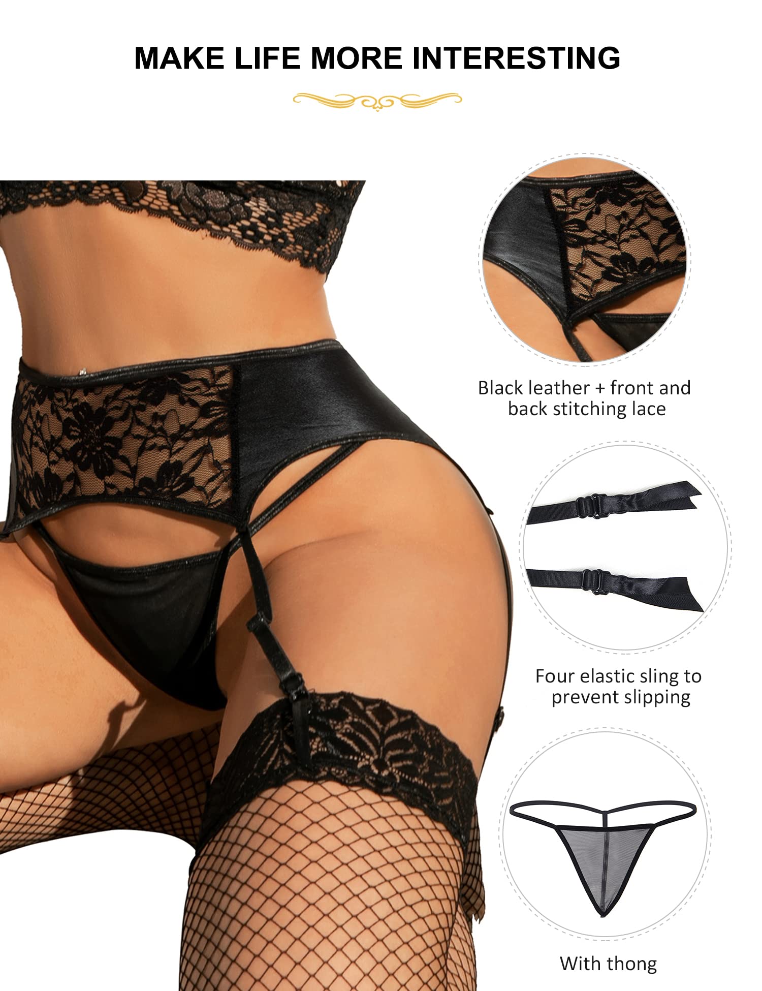 ohyeah Black Lace Garter Belt for Thigh Highs 4 Strap Metal Clip Sexy Mesh Stockings Suspender Elastic Waist Garter Belts