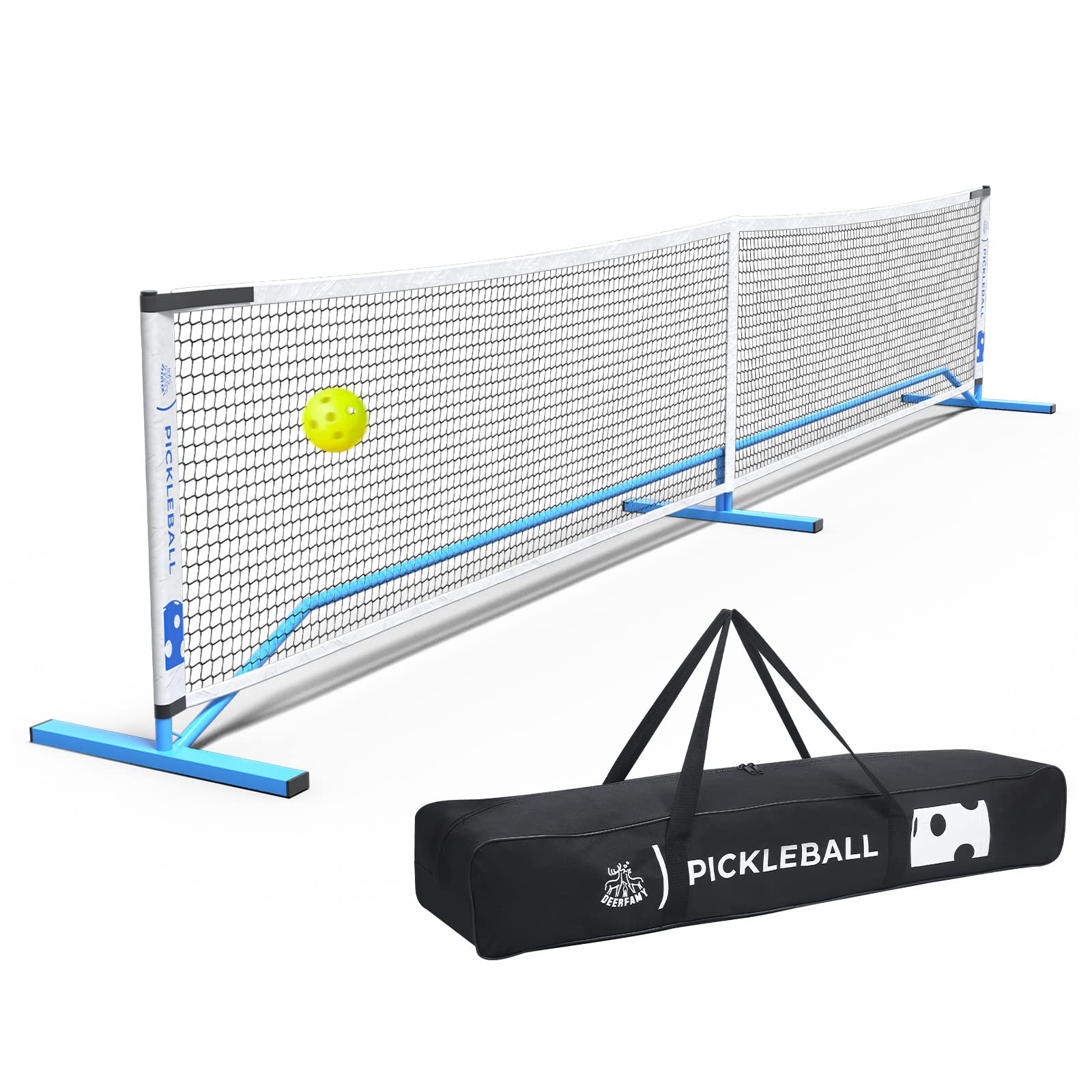 DEERFAMY 22FT Portable Tennis Pickleball Net System, Regulation Size PE Net for Driveway, Designed for All Weather Conditions with Steady Metal Frame and Strong with Carrying Bag