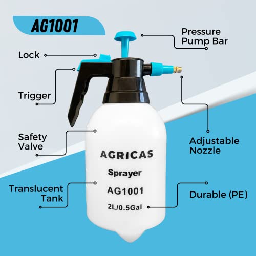 AGRICAS 0.5 Gallon Hand Pump Sprayer, 2L Pressure Garden Sprayer, Handheld Weed Sprayer with Adjustable Brass Nozzle, Pump Mister, Lawn and Garden Care, Watering, Outdoor and Auto - Multi-Purpose