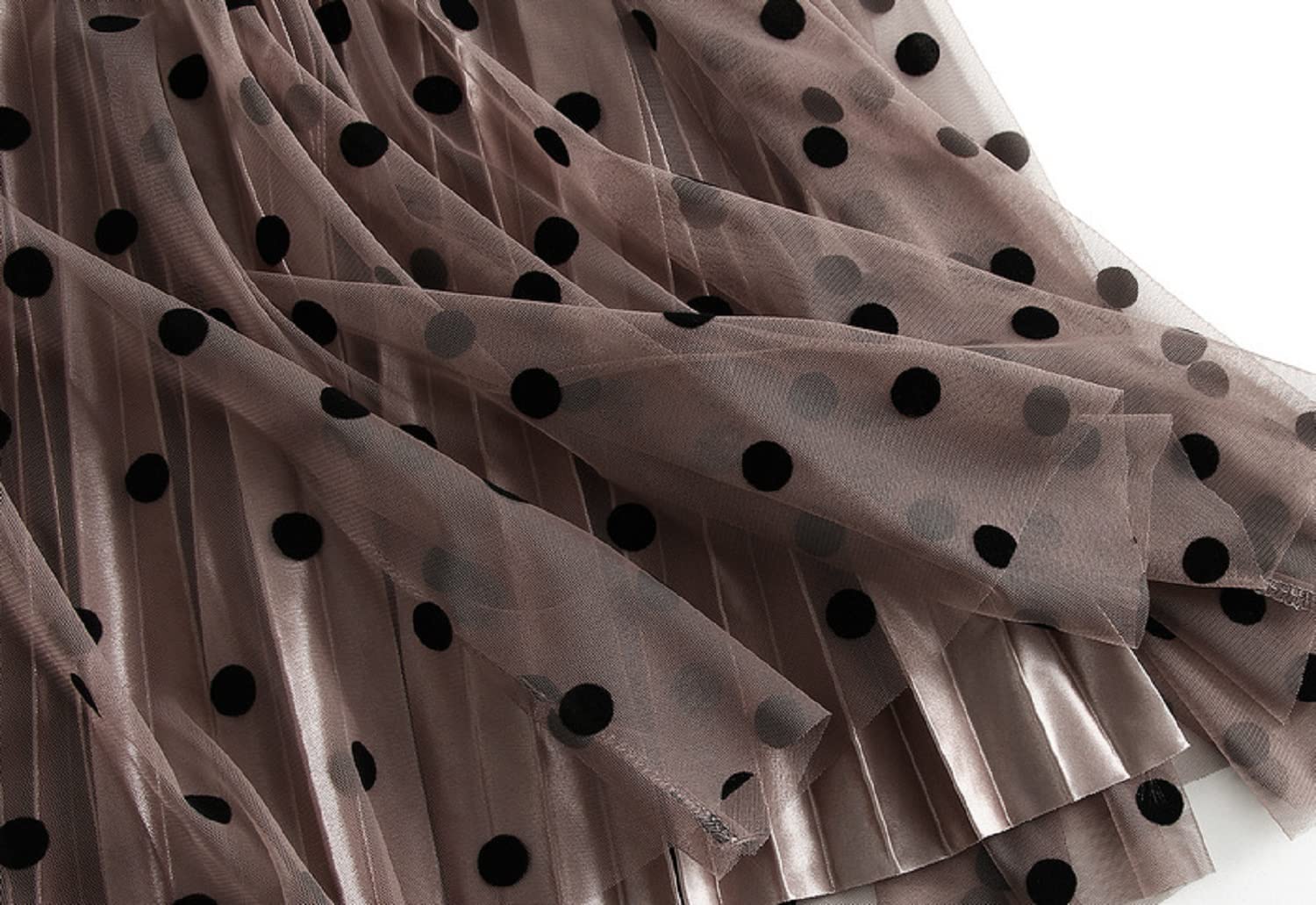 Qoinied Women's Polka Dot Mesh Half-Body Skirt High-Waisted Draped Pleated Skirt Large Hem Tulle A-line Midi Skirts Khaki