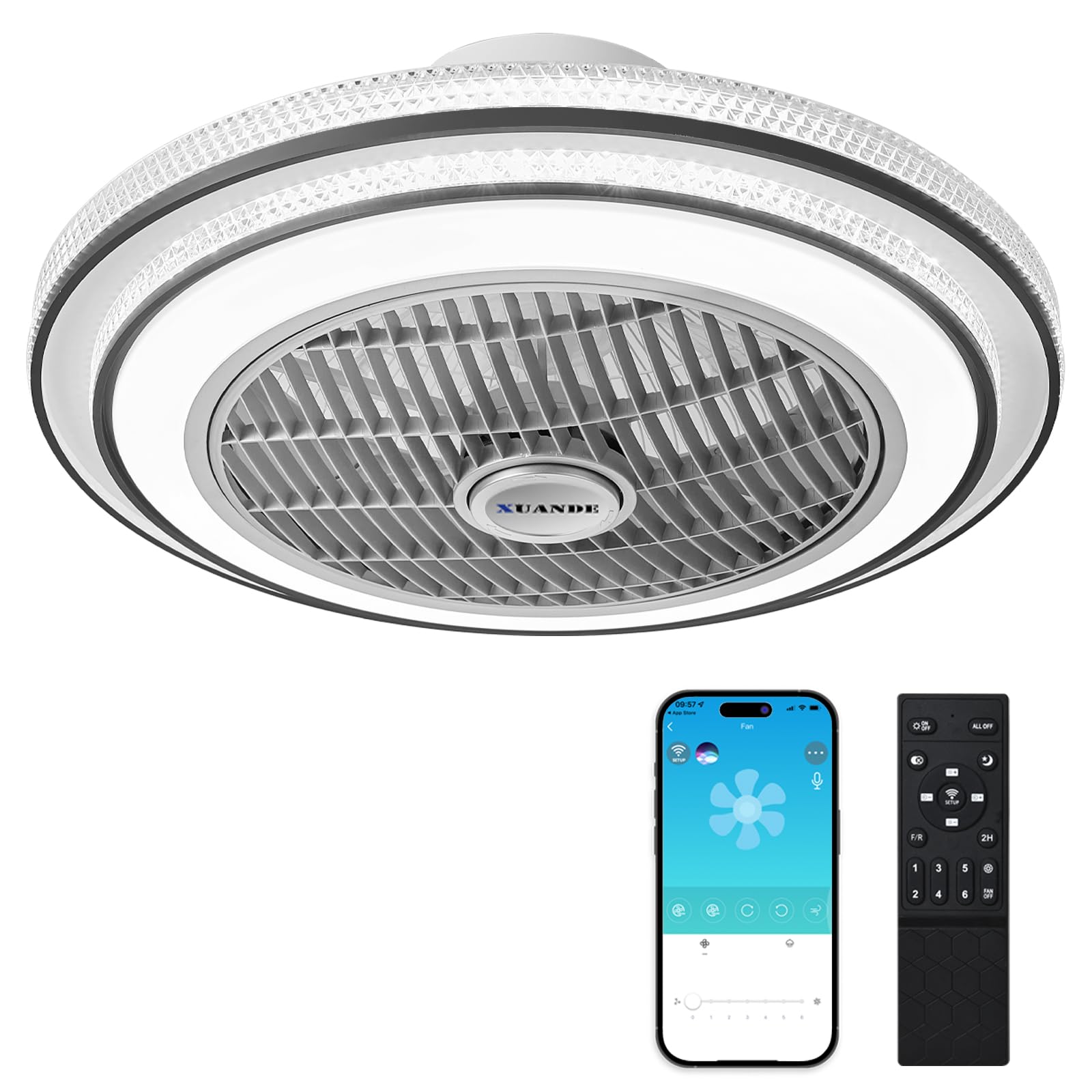 XuanDe Ceiling Fans with Lights and Remote Quiet, 20" Enclosed Ceiling Fans Modern Low Profile DC Motor 6 Gear Wind Speeds 3 Colors of Lights-Silver