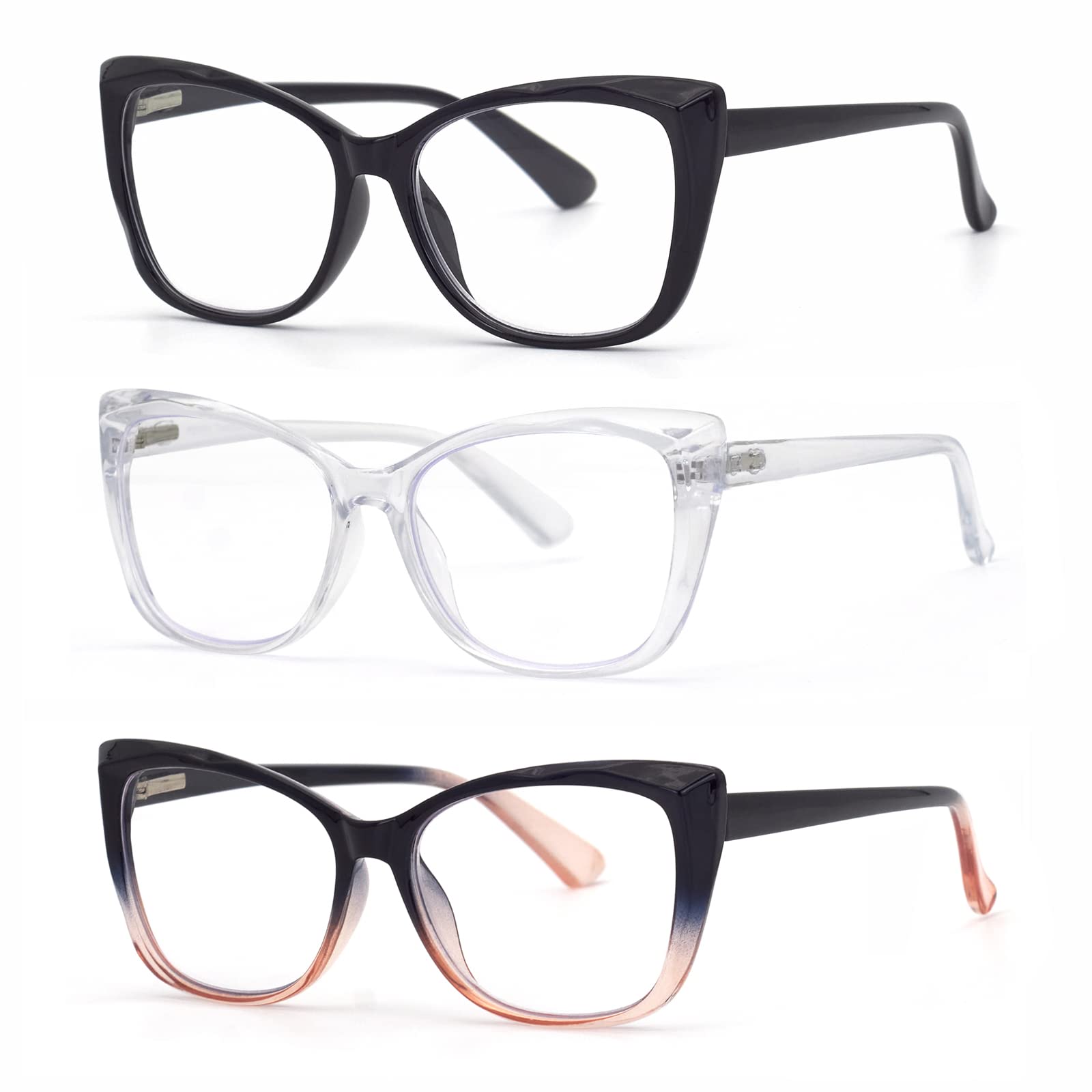Autojouls 3-Pack Reading Glasses for Women,Oprah Style Frame Spring Hinge Clear Lens Readers Glasses, Black BlackPink Transparent 1.5 x