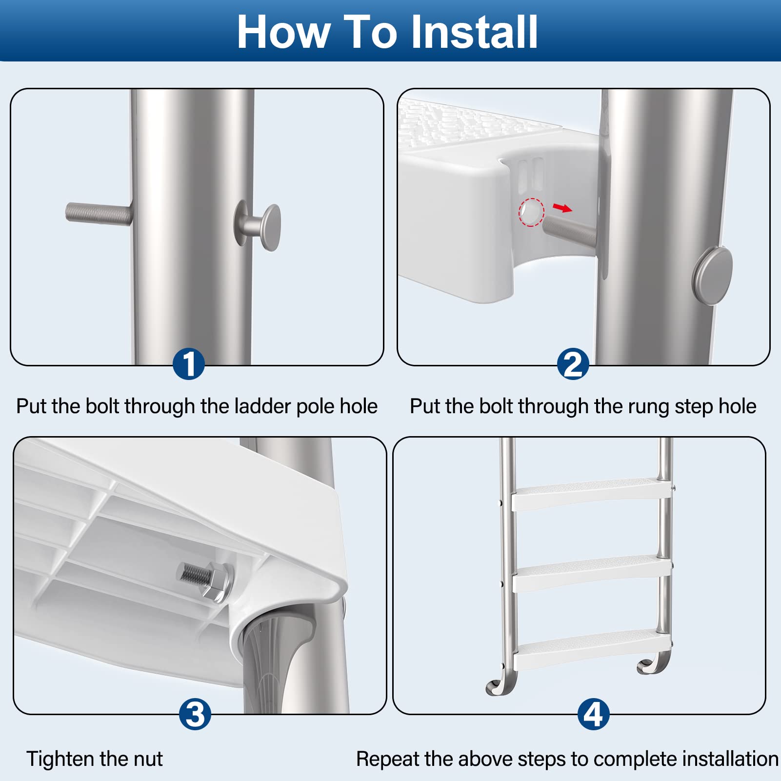 Goovilla Pool Ladder Steps Replacement, (6-Pack) 18" Universal Heavy-Duty Molded Plastic Swimming Pool Ladder Rung Step with 12 PCS Stainless Steel Bolts for Inground and above Ground Pools, White