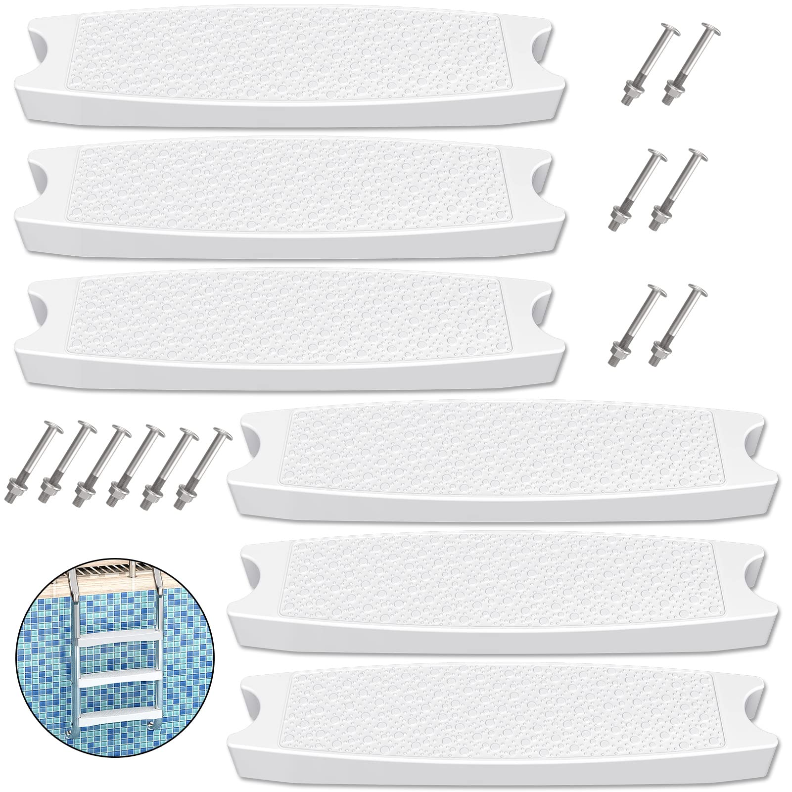 Goovilla Pool Ladder Steps Replacement, (6-Pack) 18" Universal Heavy-Duty Molded Plastic Swimming Pool Ladder Rung Step with 12 PCS Stainless Steel Bolts for Inground and above Ground Pools, White