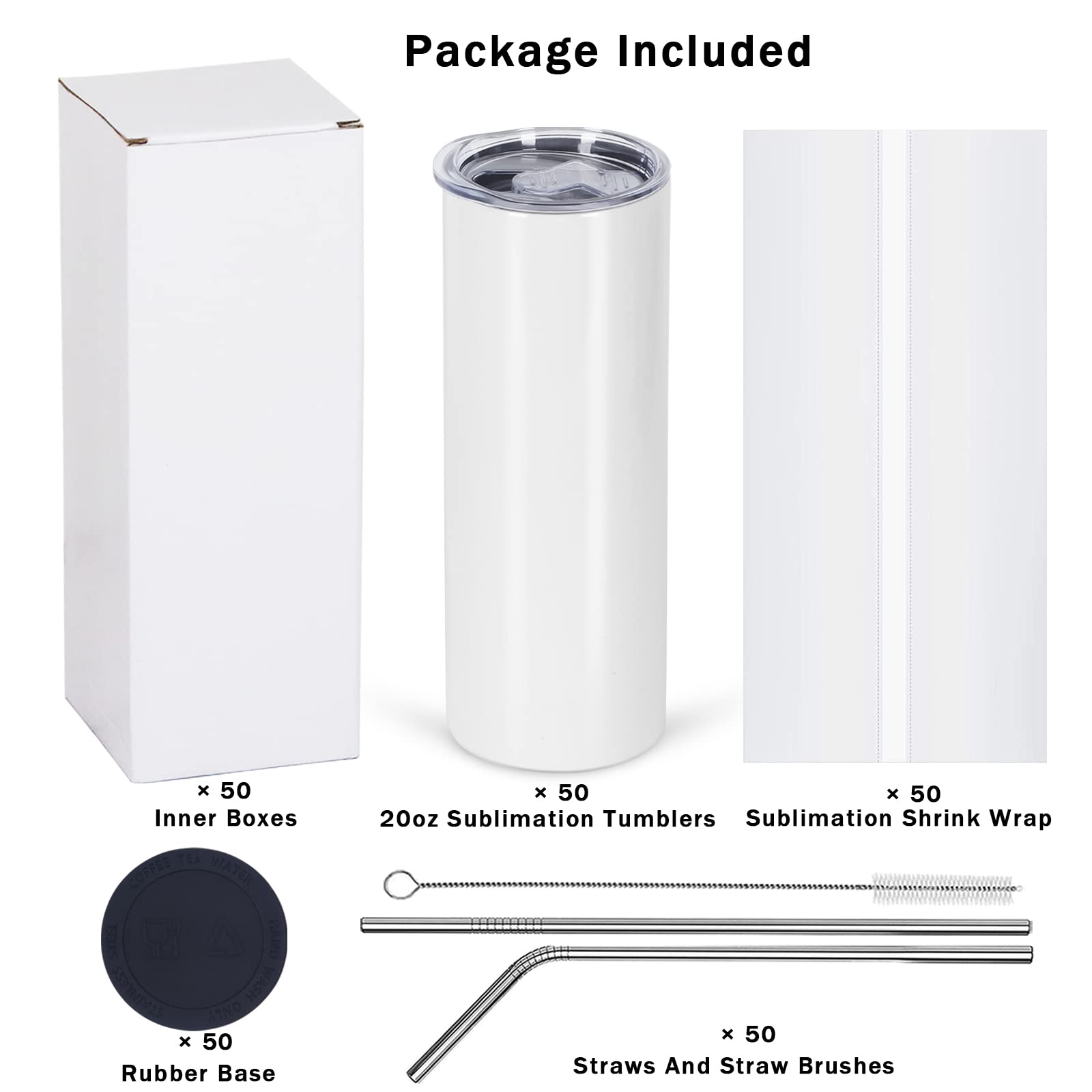 Micellwuu 50 Pack Sublimation Tumblers Bulk 20 oz Skinny Straight,Stainless Steel Sublimation Blanks Cups White, Individually Boxed