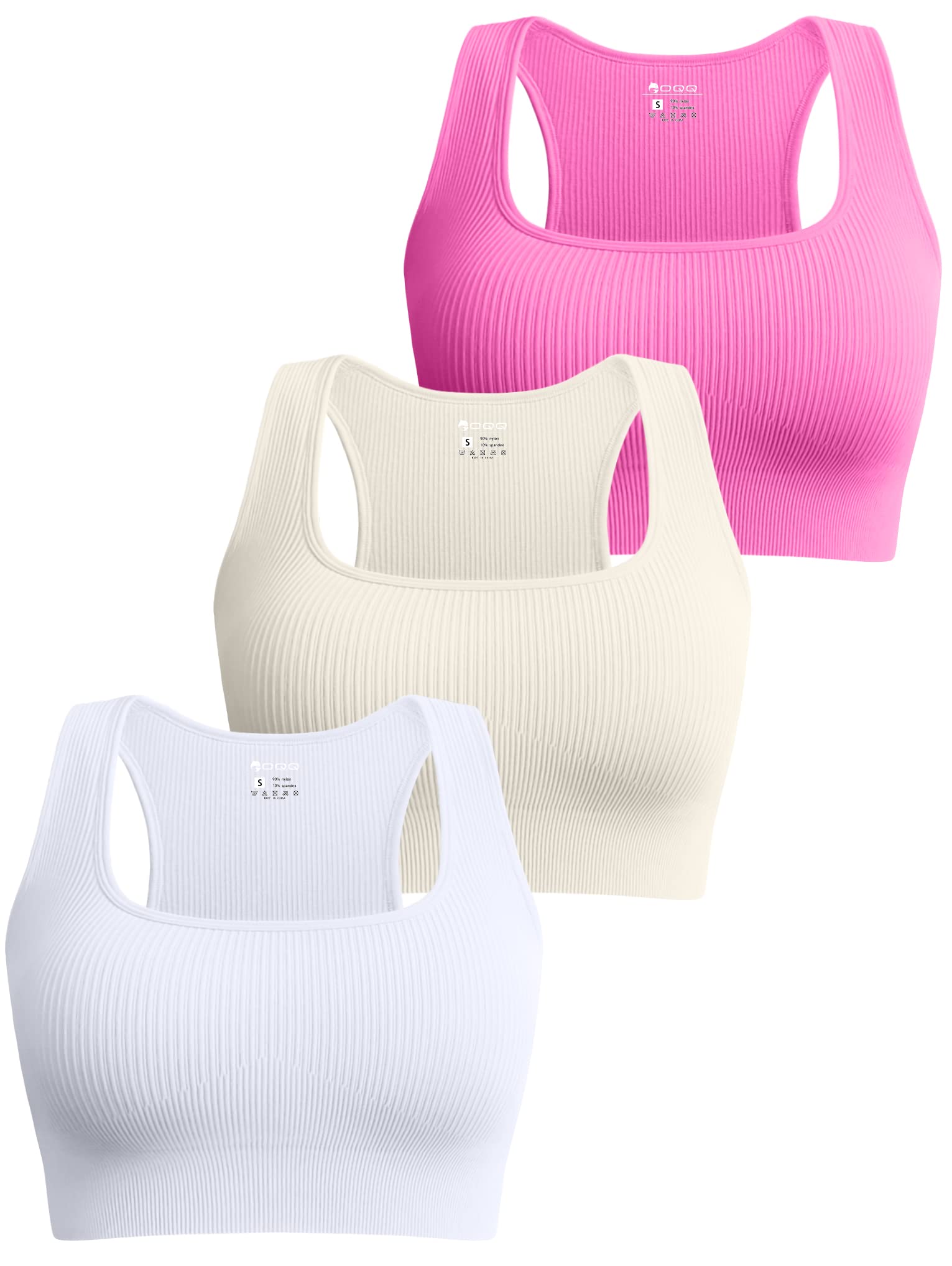 OQQ Women's 3 Piece Medium Support Crop Tops Ribbed Seamless Removable Cups Workout Exercise Racerback Sport Bra Rose Beige White