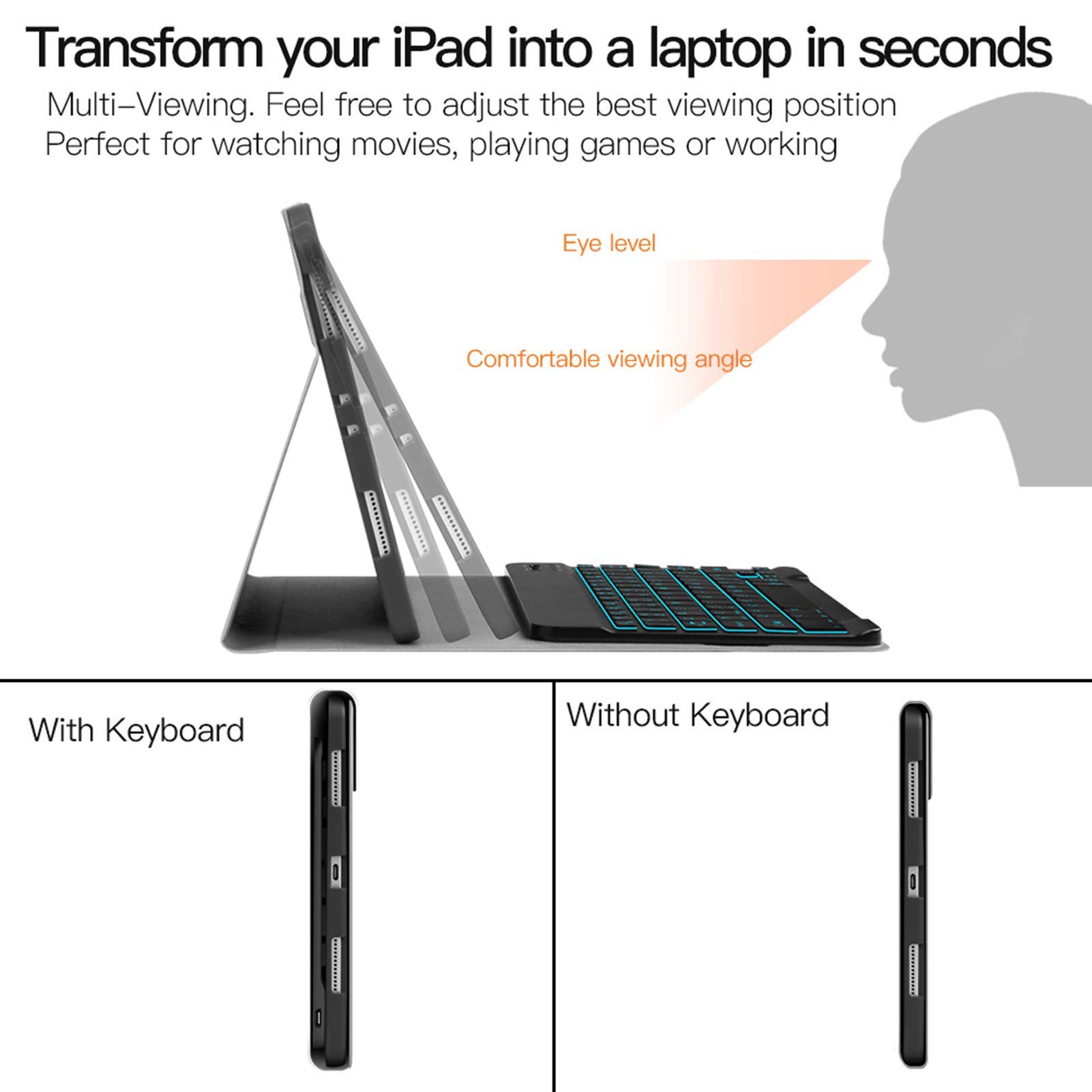 JUQITECH Backlit Keyboard Case with Stylus Pen for iPad 9th/8th/7th Gen 10.2inch - Active Pencil with Palm Rejection, Wireless Bluetooth Magnetic Keyboard for iPad 10.2" Cover Case with Pencil Holder