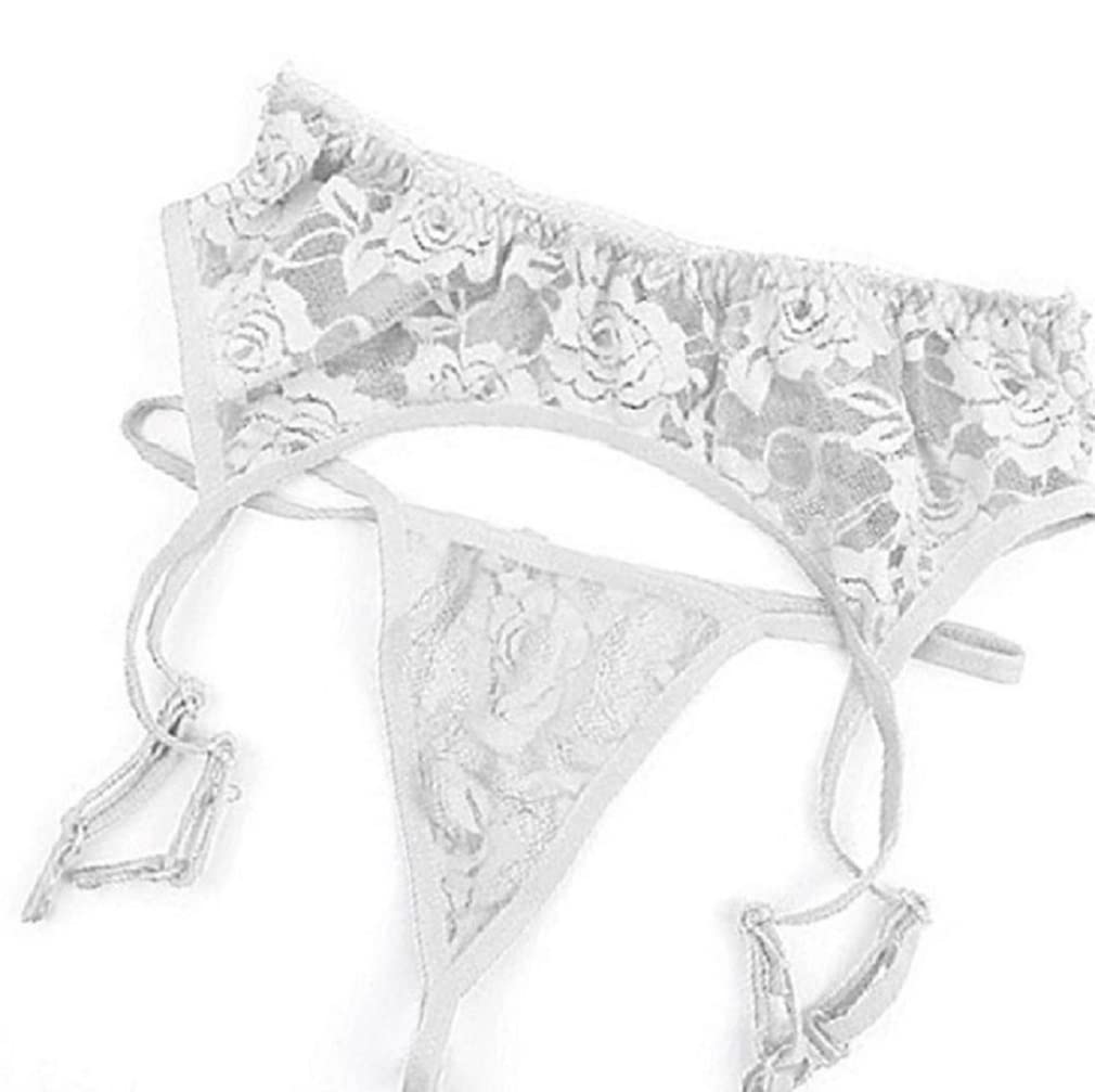 Floral Lace Garter Belt+Thong+Stockings Sets White Black Red (White, Small)
