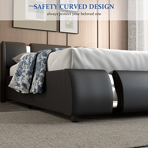 Modern Full Size LED Bed Frame, Upholstered Platform Bed Frame with Adjustable Headboard, Wooden Slats Support, No Box Spring Needed, Black