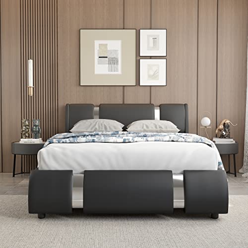 Modern Full Size LED Bed Frame, Upholstered Platform Bed Frame with Adjustable Headboard, Wooden Slats Support, No Box Spring Needed, Black