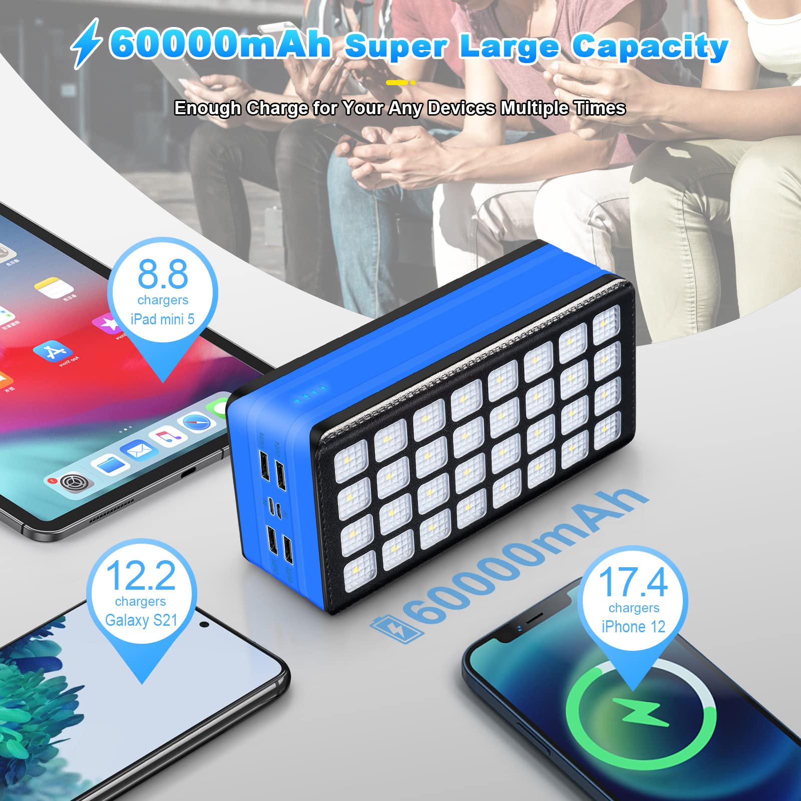 AEECESTORE Solar Charger Power Bank 60000mAh, Portable Solar Battery Charger with 32 LED Lights, External Battery Pack Compatible with iPhone, Cell Phone,Tablet for Camping, Emergency (Blue)