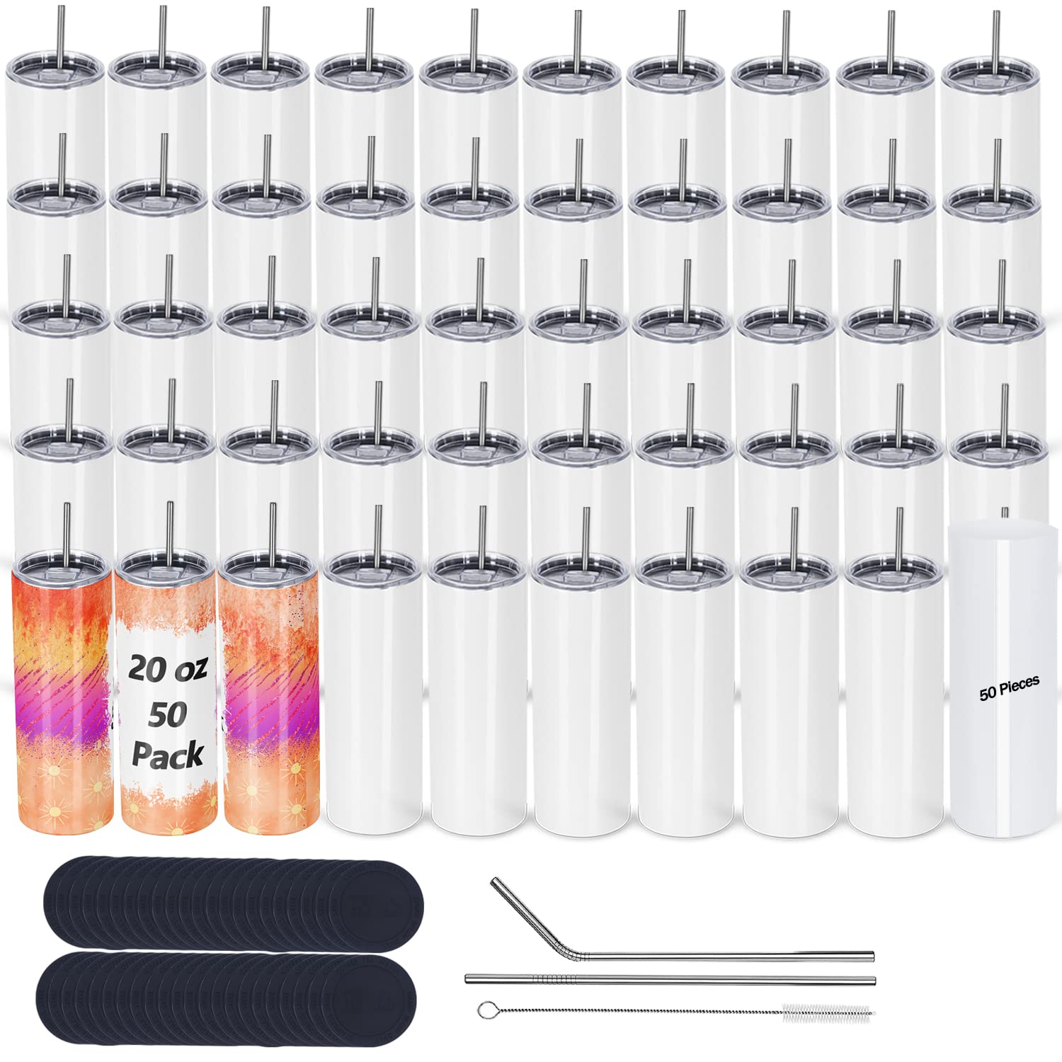 Micellwuu 50 Pack Sublimation Tumblers Bulk 20 oz Skinny Straight,Stainless Steel Sublimation Blanks Cups White, Individually Boxed