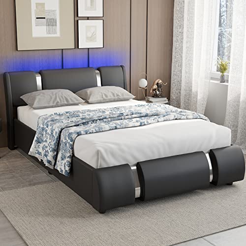 Modern Full Size LED Bed Frame, Upholstered Platform Bed Frame with Adjustable Headboard, Wooden Slats Support, No Box Spring Needed, Black