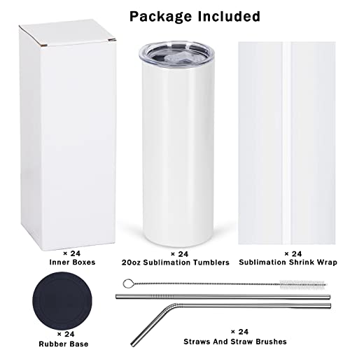 Micellwuu 24 Pack Sublimation Tumblers Bulk 20 oz Skinny Straight,Stainless Steel Sublimation Blanks Cups White, Individually Boxed