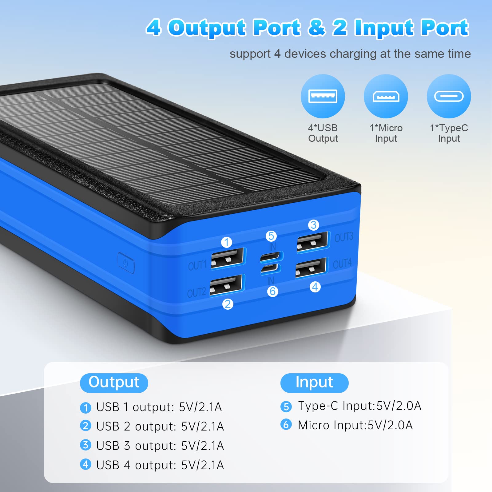AEECESTORE Solar Charger Power Bank 60000mAh, Portable Solar Battery Charger with 32 LED Lights, External Battery Pack Compatible with iPhone, Cell Phone,Tablet for Camping, Emergency (Blue)