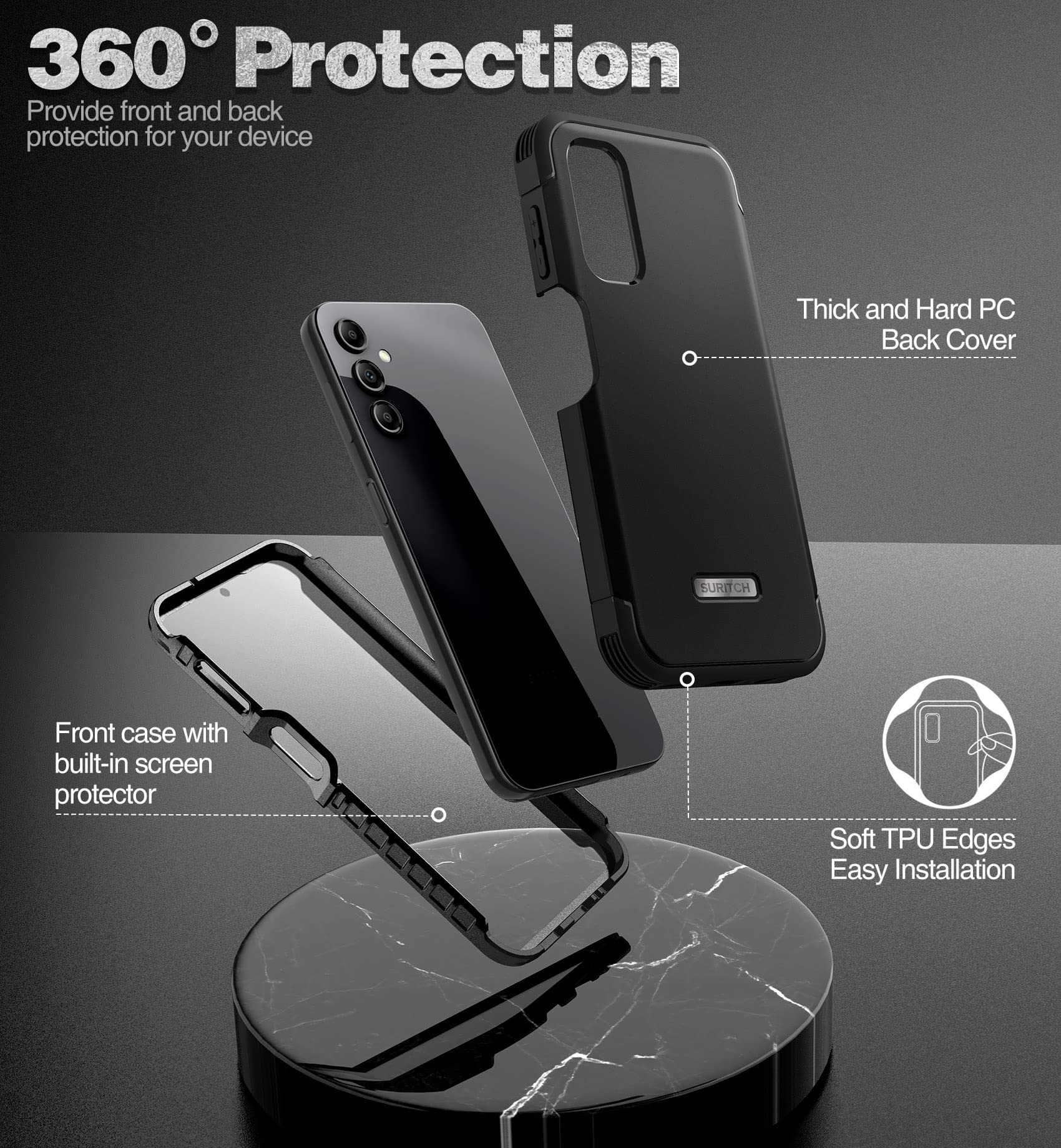 SURITCH for Samsung Galaxy A14 5G Phone Case, [Built-in Screen Protector] Heavy Duty Protection Shockproof Rugged Dual-Layer Phone Cover-Black