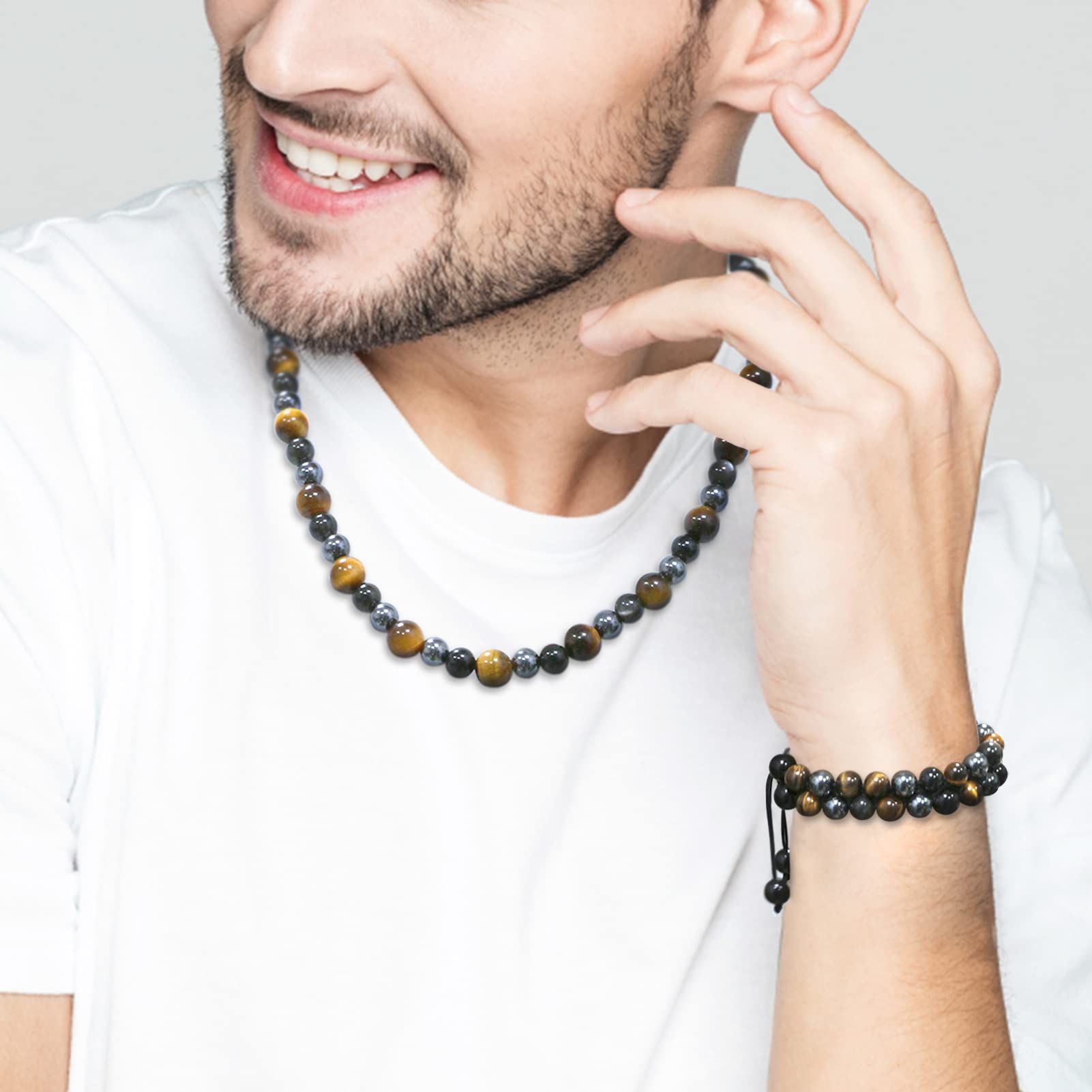 Men Tiger Eye Beaded Necklace Bracelet Triple Protection Jewelry Sets Hematite Black Obsidian Healing Crystal Stone Chakra Necklace